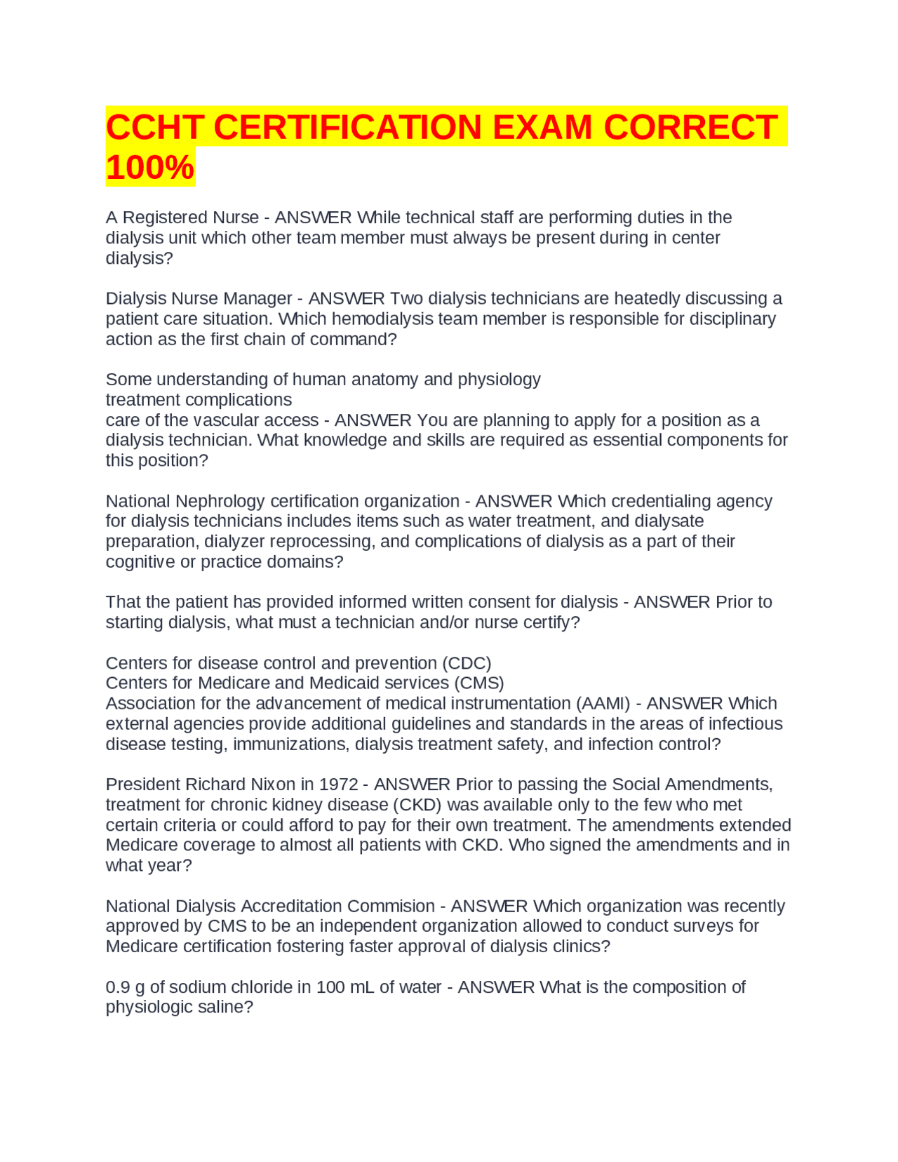 CCHT CERTIFICATION EXAM CORRECT 100% | Exams Nursing | Docsity