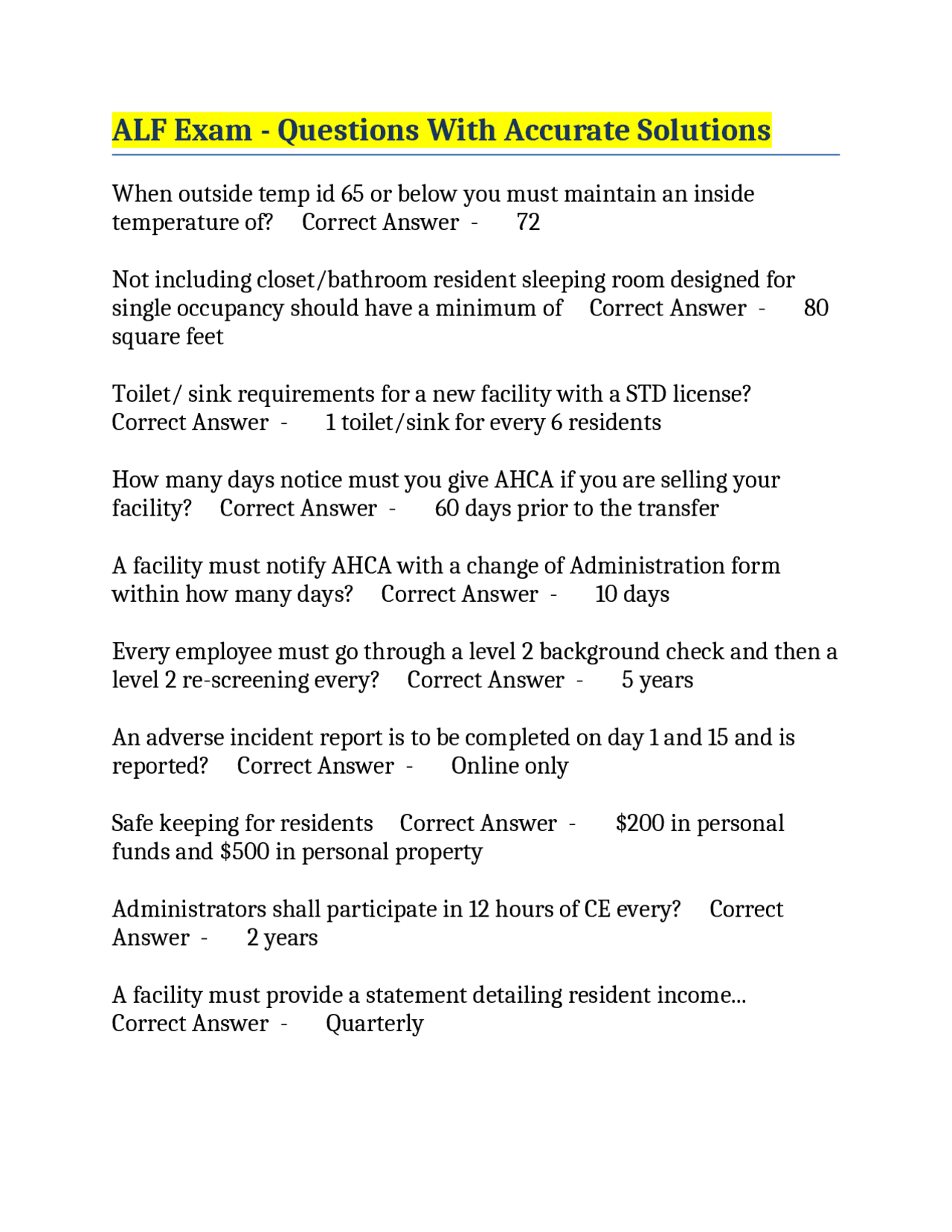 ALF Exam - Questions With Accurate Solutions | Exams Nursing | Docsity