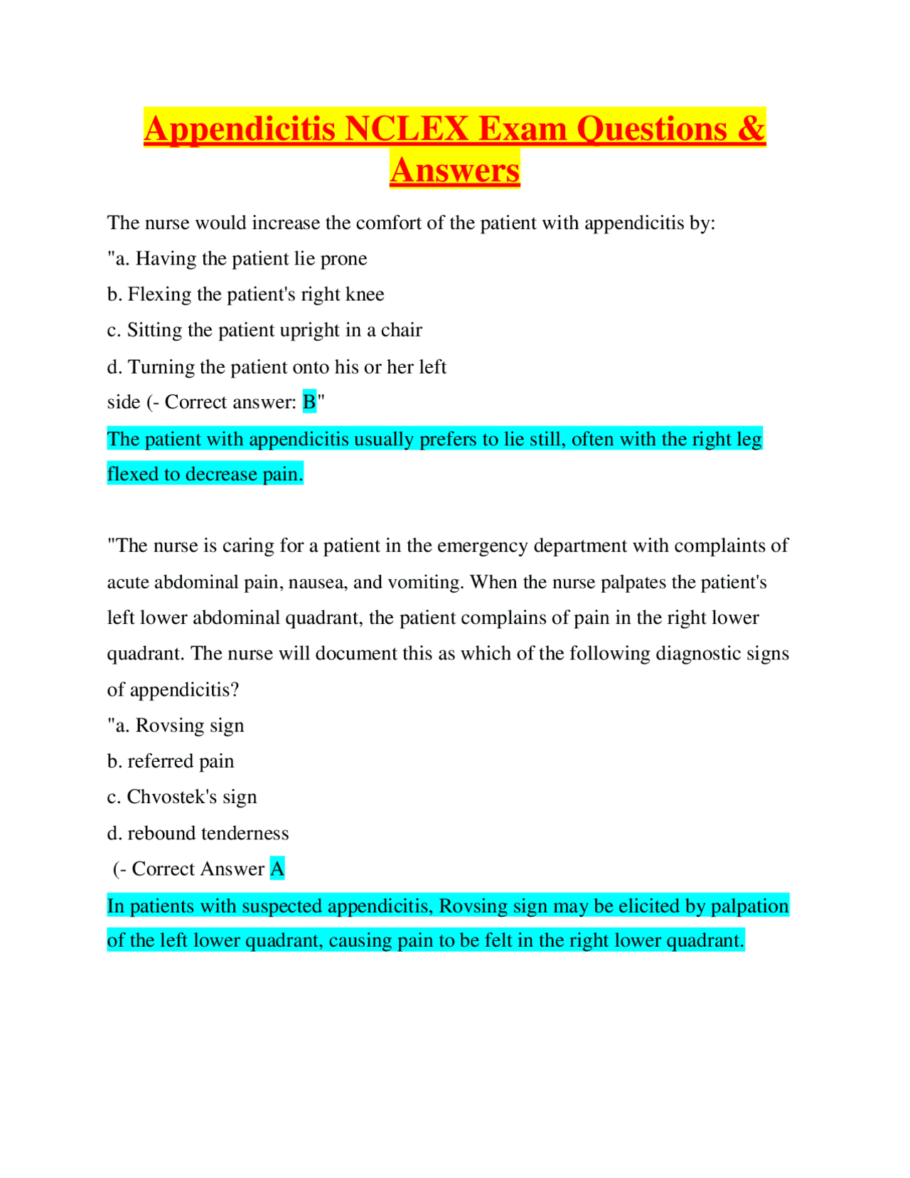 Appendicitis NCLEX Exam Questions & Answers | Exams Nursing | Docsity