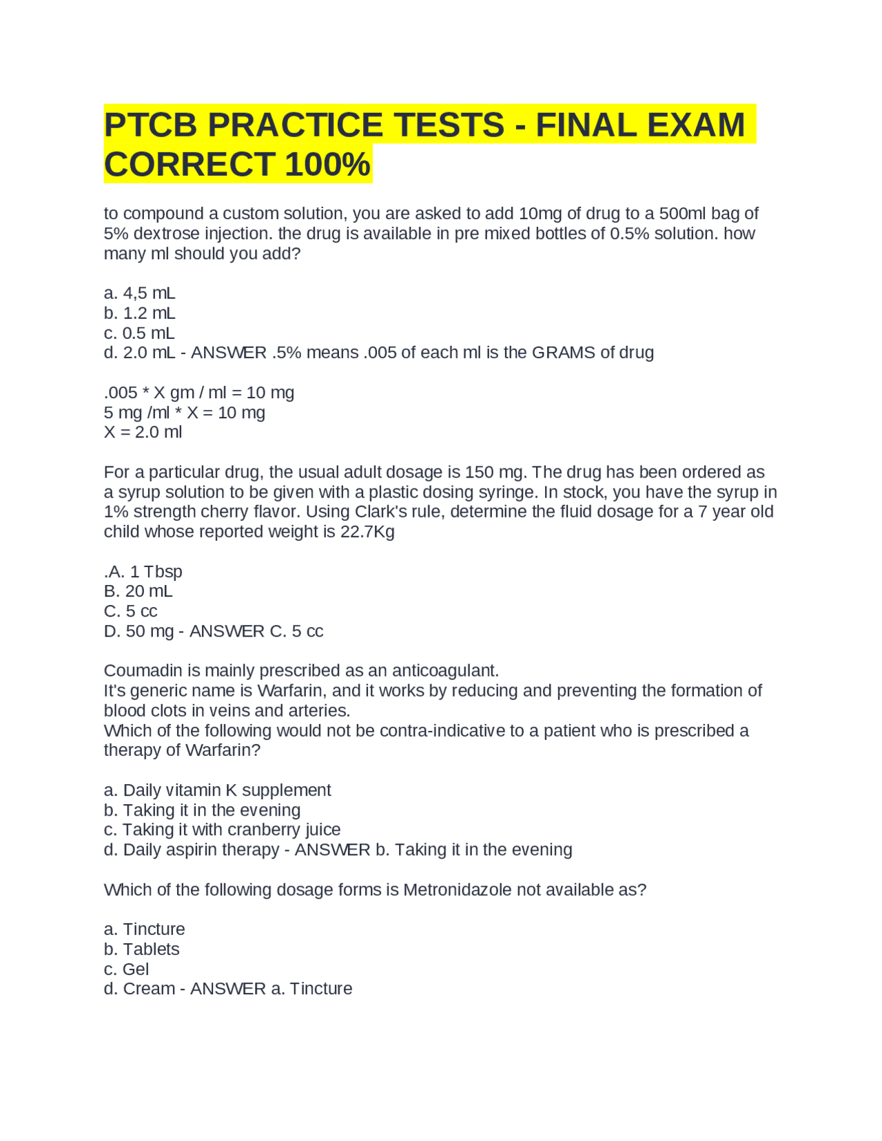 PTCB PRACTICE TESTS - FINAL EXAM CORRECT 100% | Exams Pharmacy | Docsity