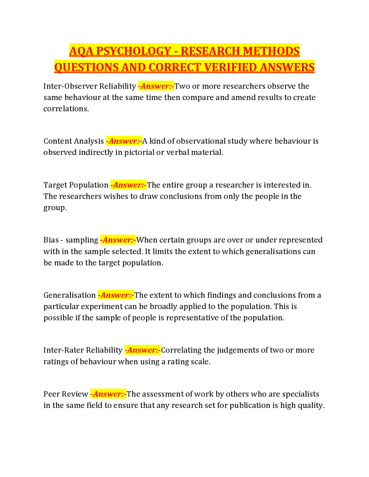 AQA PSYCHOLOGY - RESEARCH METHODS QUESTIONS AND CORRECT VERIFIED ...