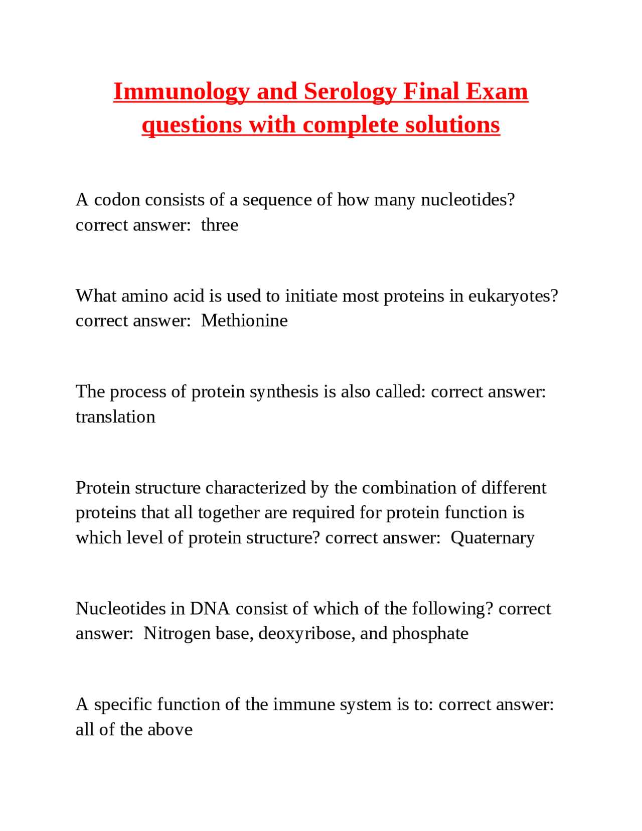 Immunology and Serology Final Exam questions with complete solutions | Exams Nursing | Docsity