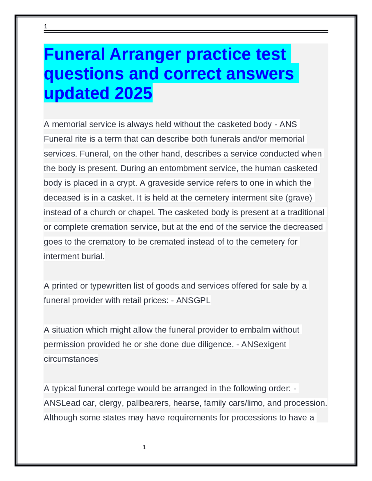 Funeral Arranger practice test questions and correct answers updated ...