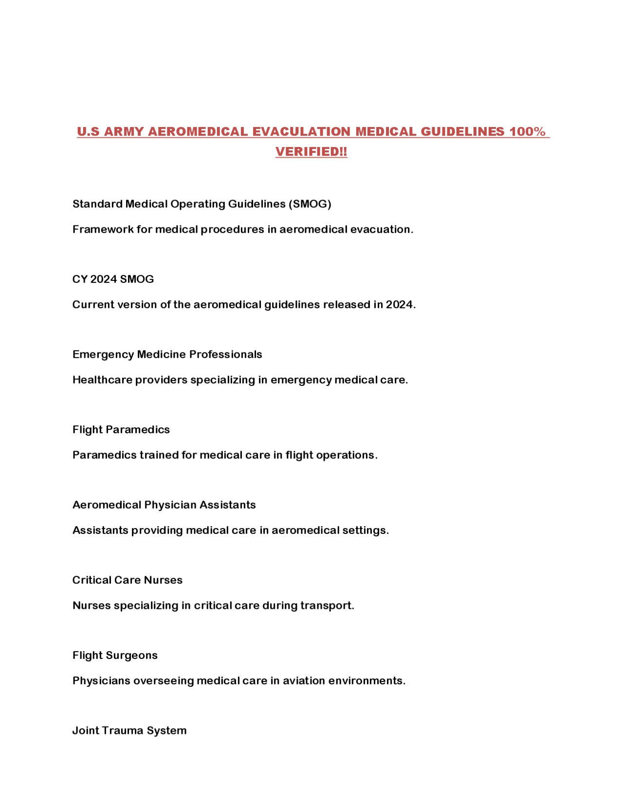 U.S ARMY AEROMEDICAL EVACULATION MEDICAL GUIDELINES 100% VERIFIED ...
