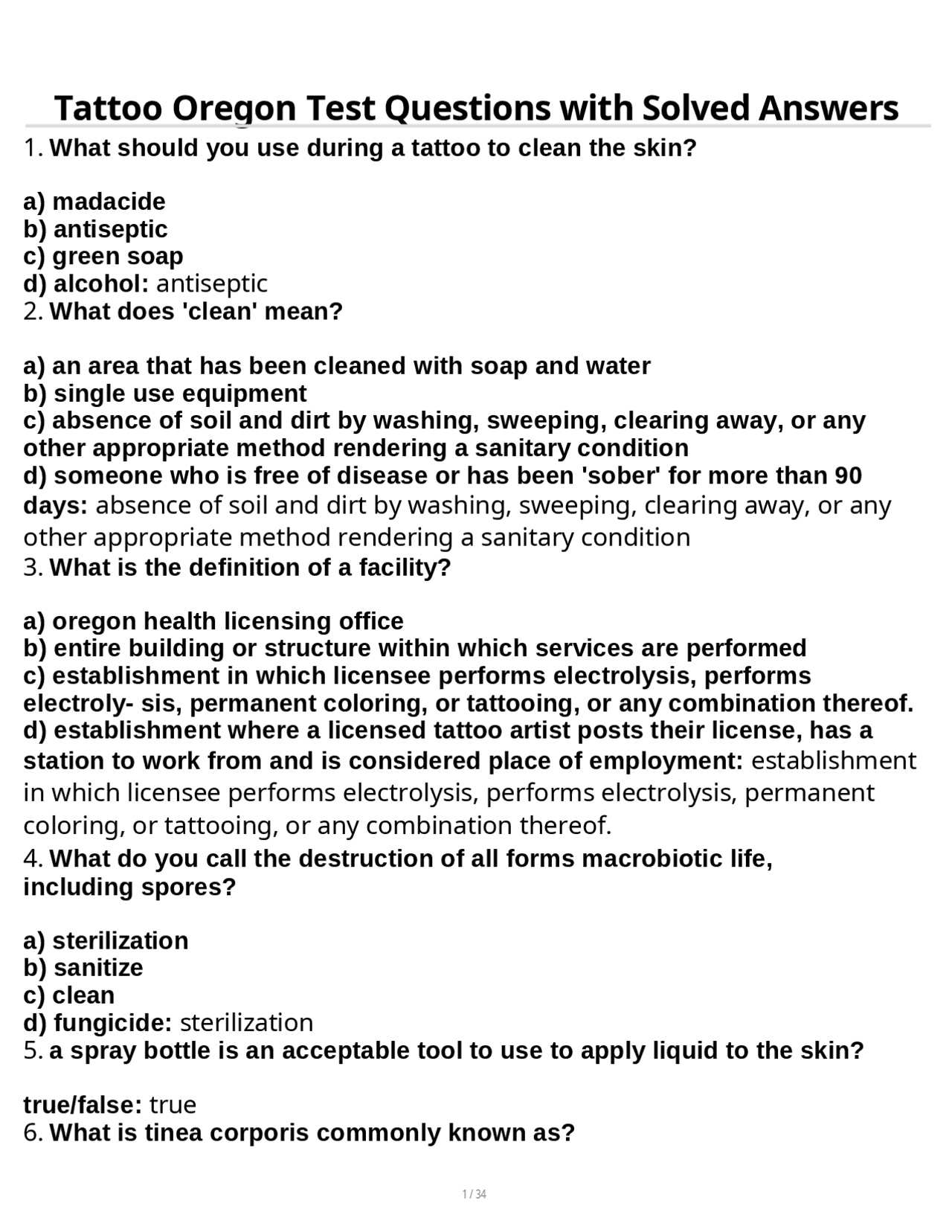 Tattoo Oregon Test Questions with Solved Answers | Exams Cosmetology ...