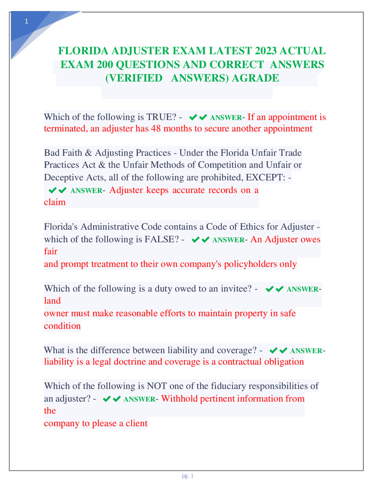FLORIDA ADJUSTER EXAM LATEST 2023 ACTUAL EXAM 200 QUESTIONS AND CORRECT ...