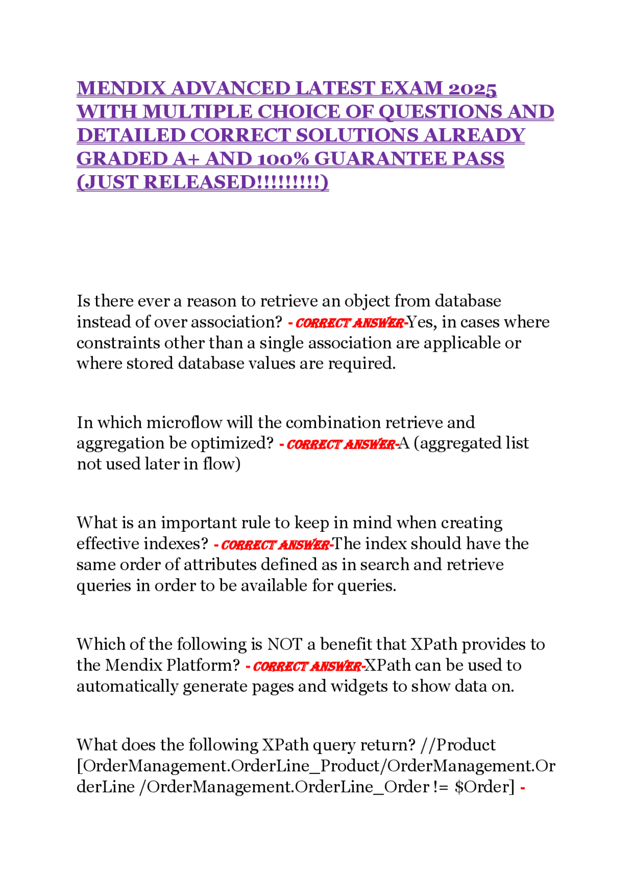 MENDIX ADVANCED LATEST EXAM 2025 WITH MULTIPLE CHOICE OF QUESTIONS AND ...