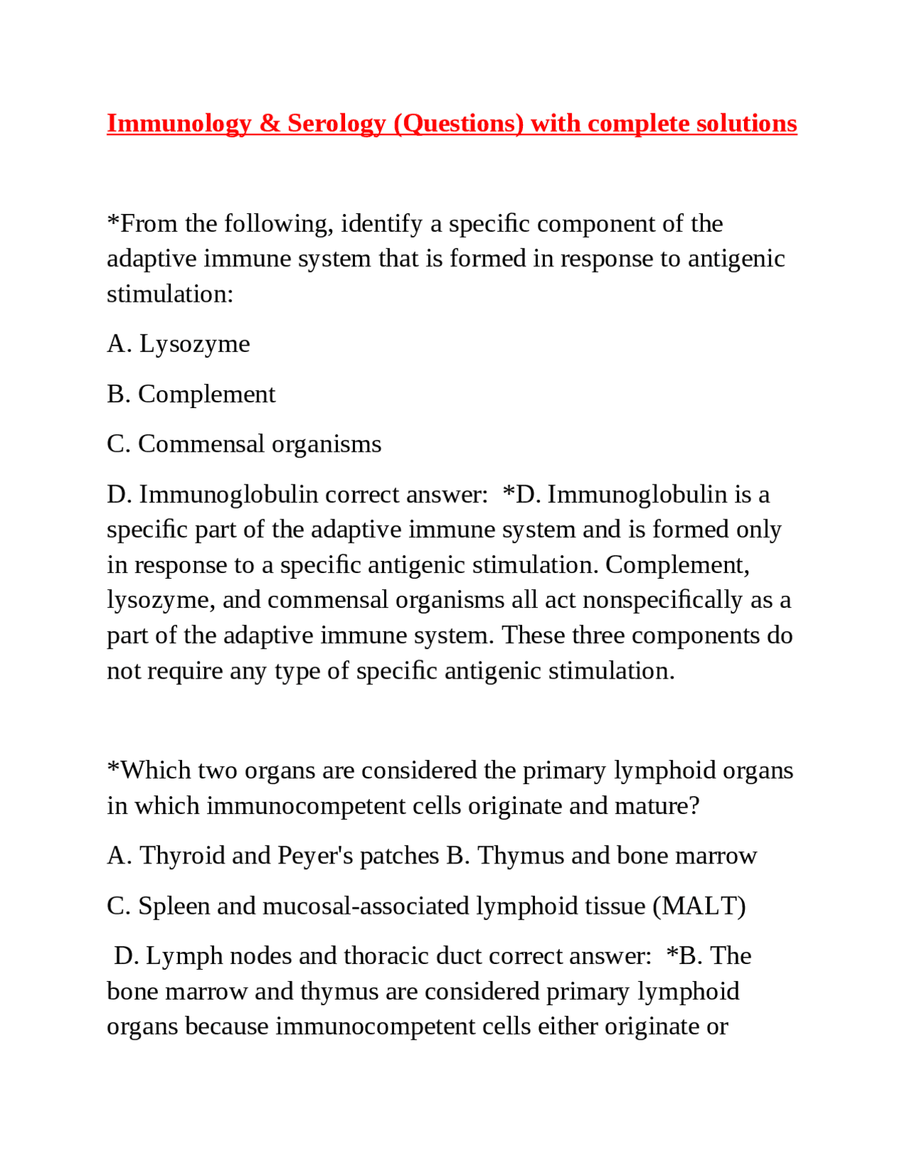 Immunology & Serology (Questions) with complete solutions | Exams Nursing | Docsity