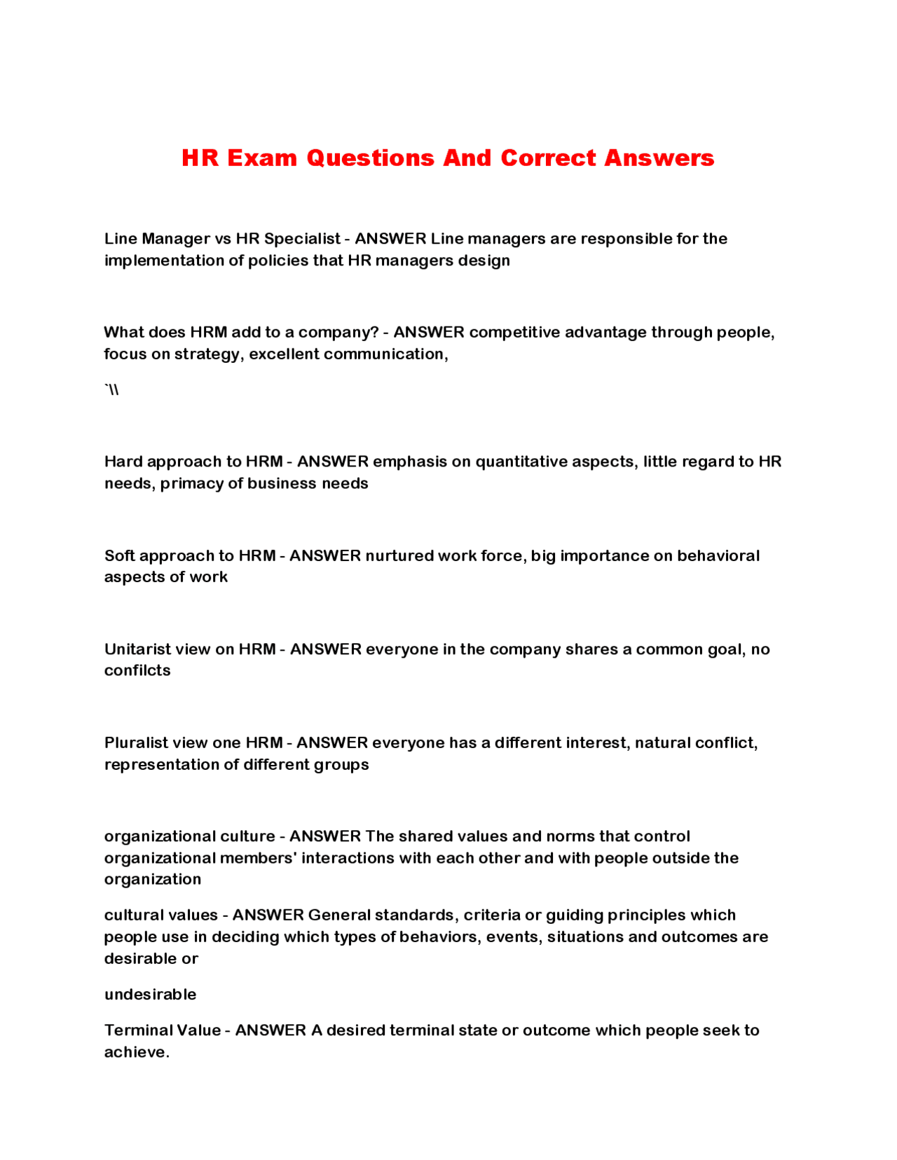 HR Exam Questions And Correct Answers | Exams Advanced Education | Docsity