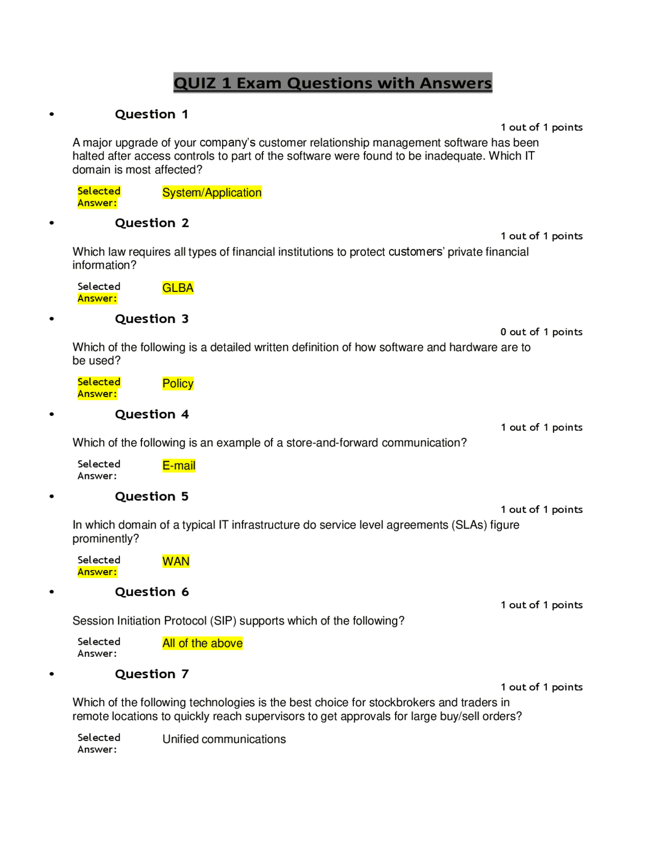 QUIZ 1 Exam Questions with Answers | Exams Nursing | Docsity