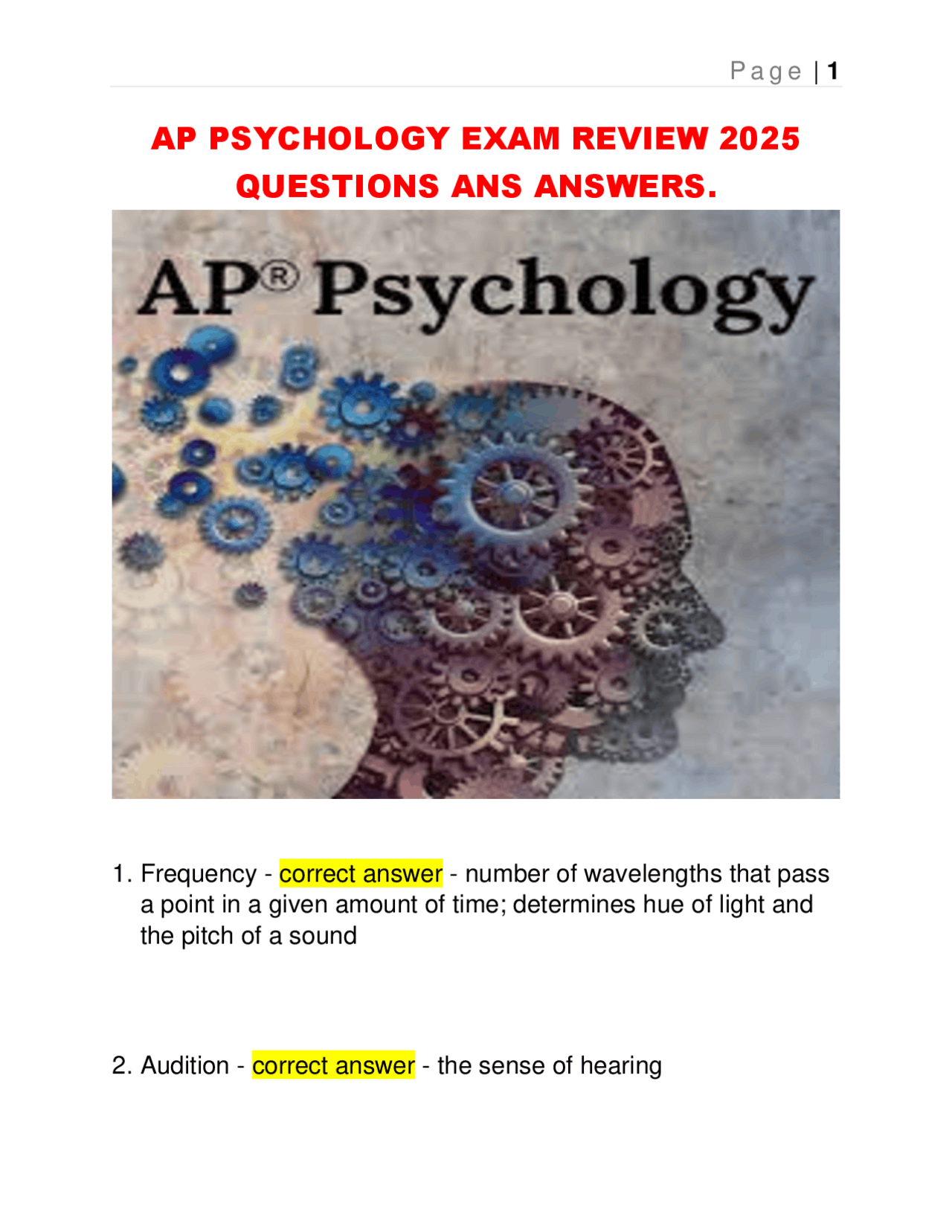 AP PSYCHOLOGY EXAM REVIEW 2025 QUESTIONS ANS ANSWERS. | Exams ...