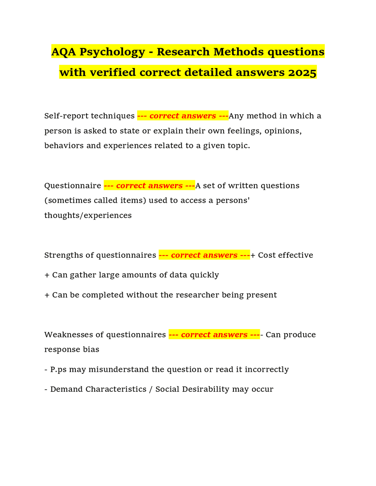 AQA Psychology - Research Methods questions with verified correct ...