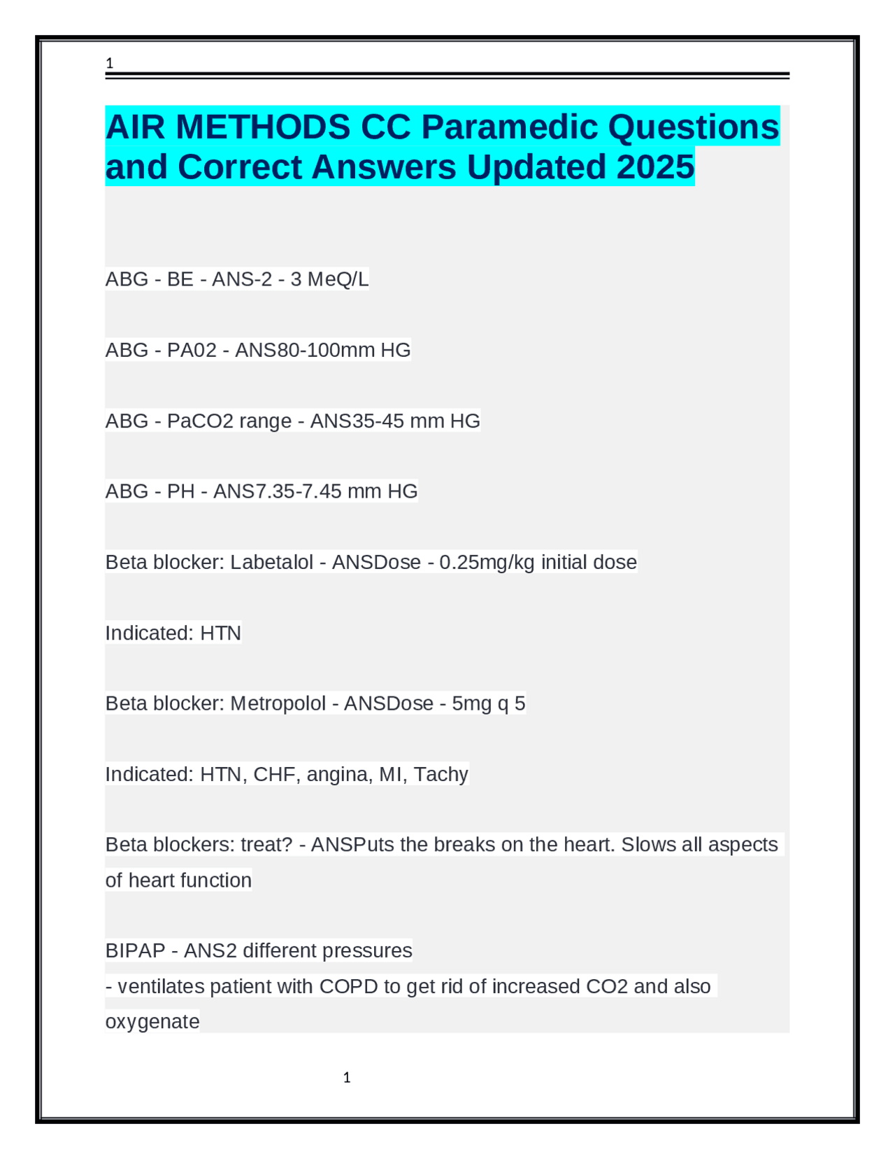 AIR METHODS CC Paramedic Questions and Correct Answers Updated 2025 ...