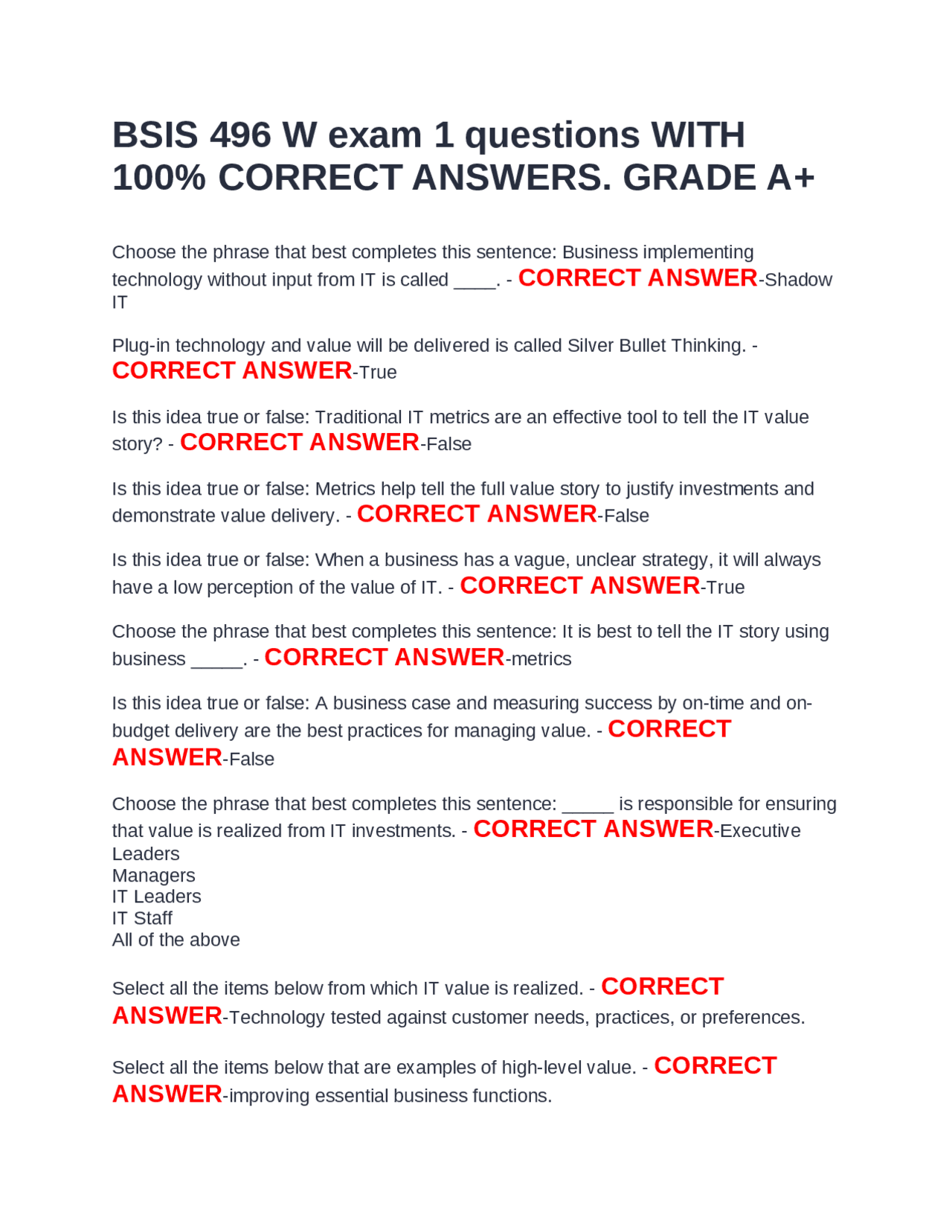 BSIS 496 W exam 1 questions WITH 100% CORRECT ANSWERS. GRADE A+ | Exams ...