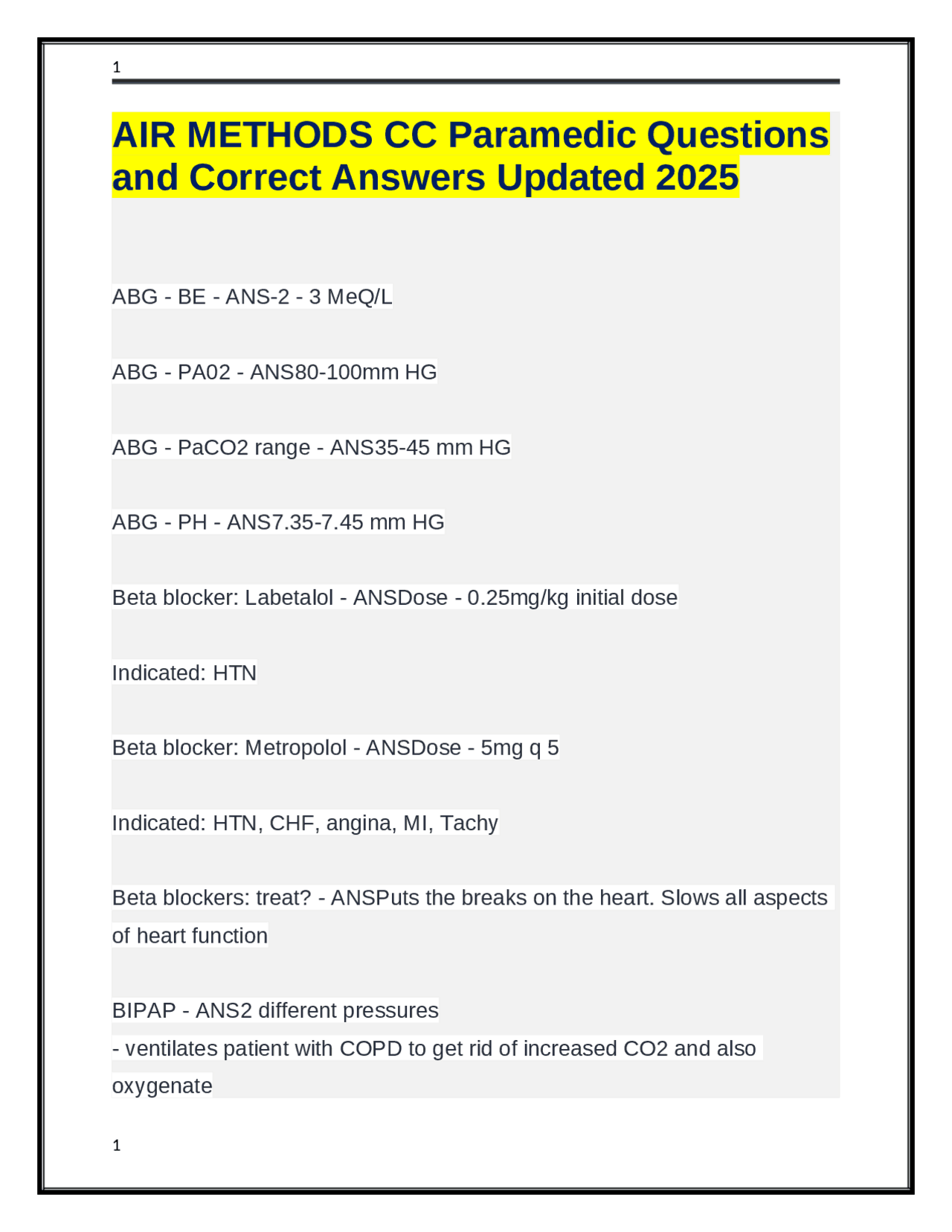 AIR METHODS CC Paramedic Questions and Correct Answers Updated 2025 ...