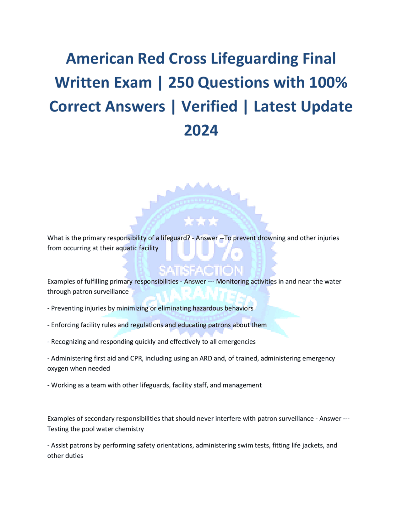 American Red Cross Lifeguarding Final Written Exam | 250 Questions with ...