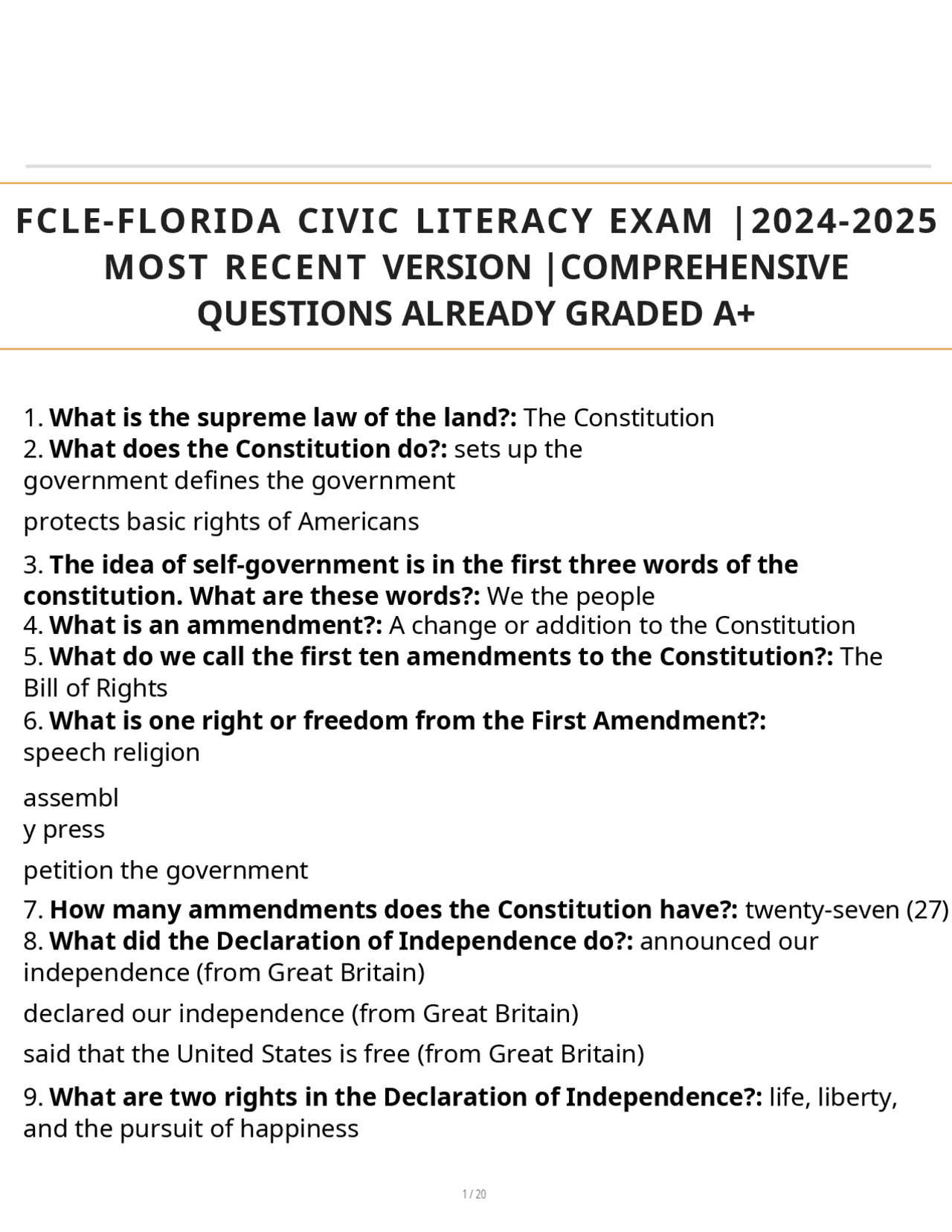 FCLE-FLORIDA CIVIC LITERACY EXAM |2024-2025 MOST RECENT VERSION ...