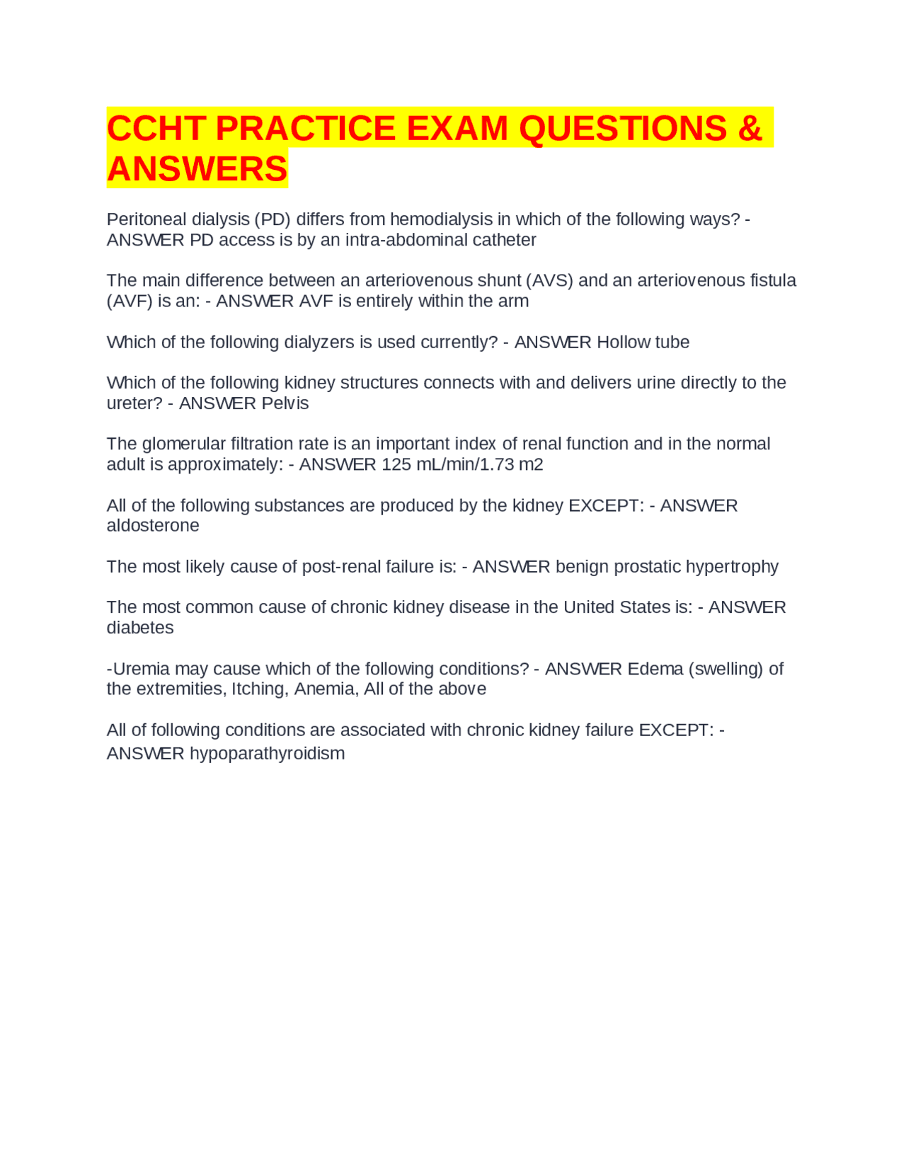 CCHT PRACTICE EXAM QUESTIONS & ANSWERS | Exams Nursing | Docsity
