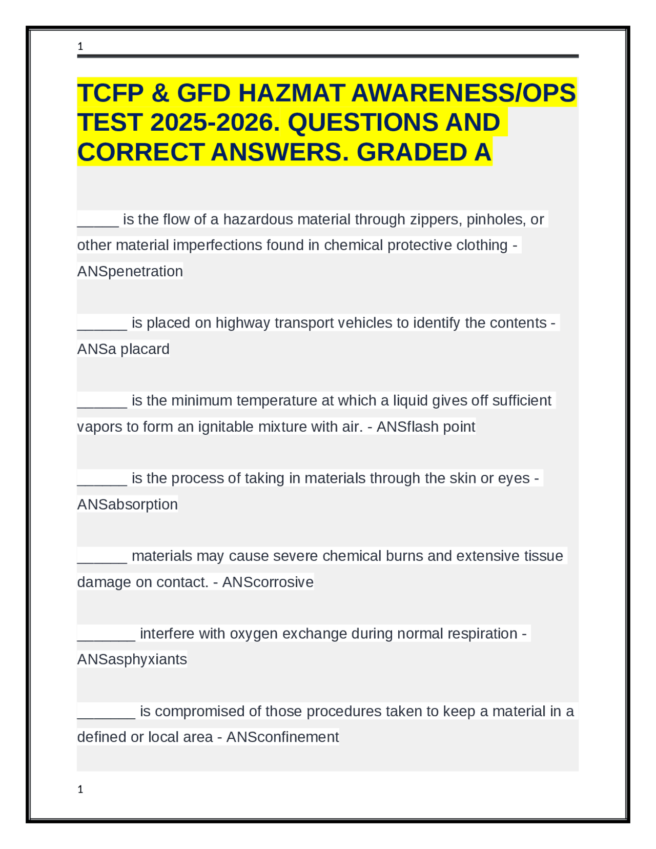 TCFP & GFD HAZMAT AWARENESS/OPS TEST 2025-2026. QUESTIONS AND CORRECT ...