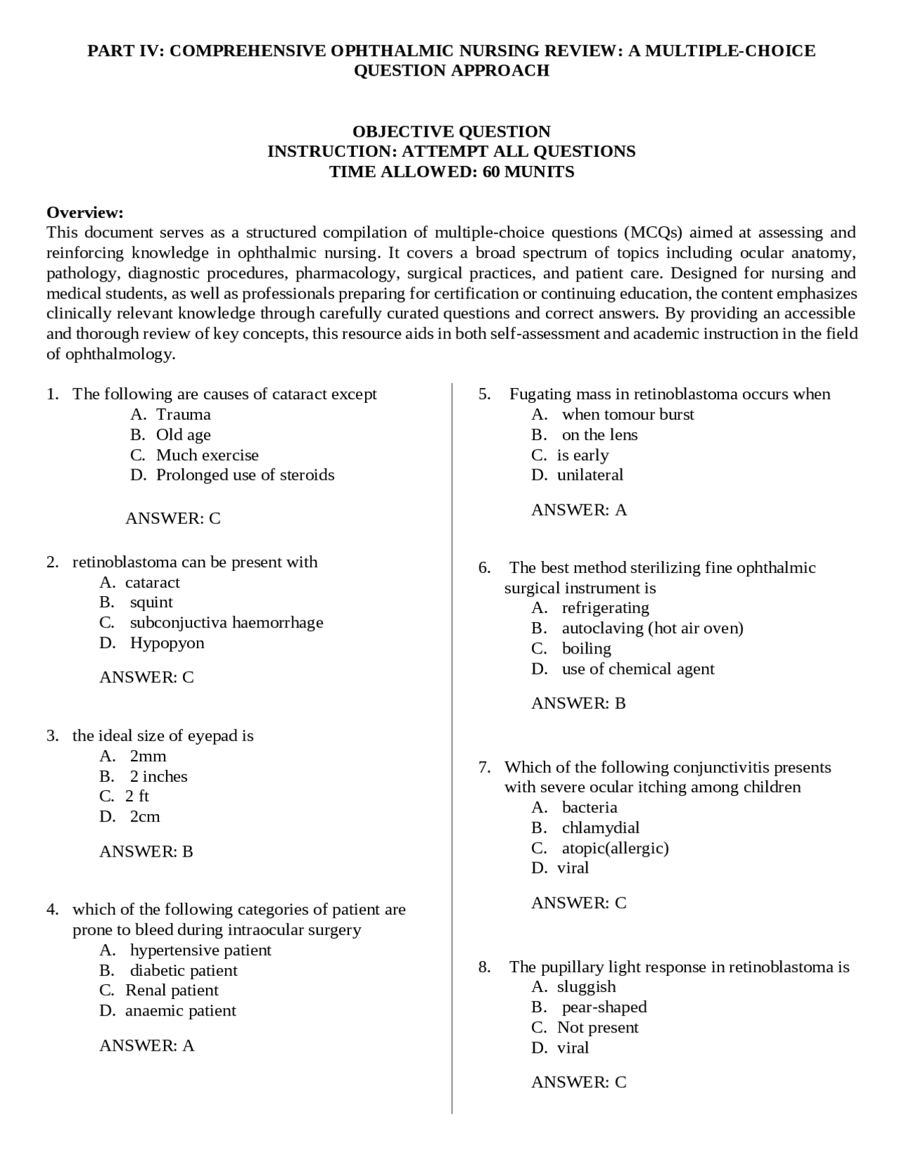 PART IV: COMPREHENSIVE OPHTHALMIC NURSING REVIEW: A MULTIPLE-CHOICE ...