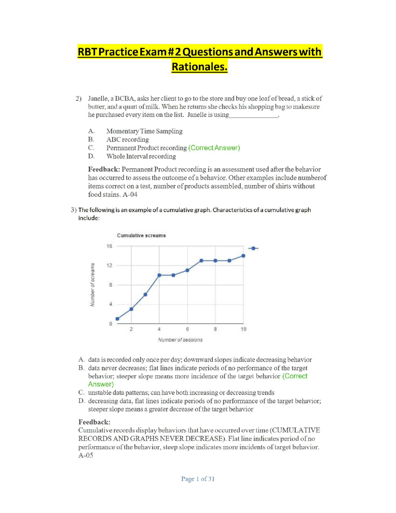 RBT Practice Exam # 2 Questions and Answers with Rationales. | Exams ...