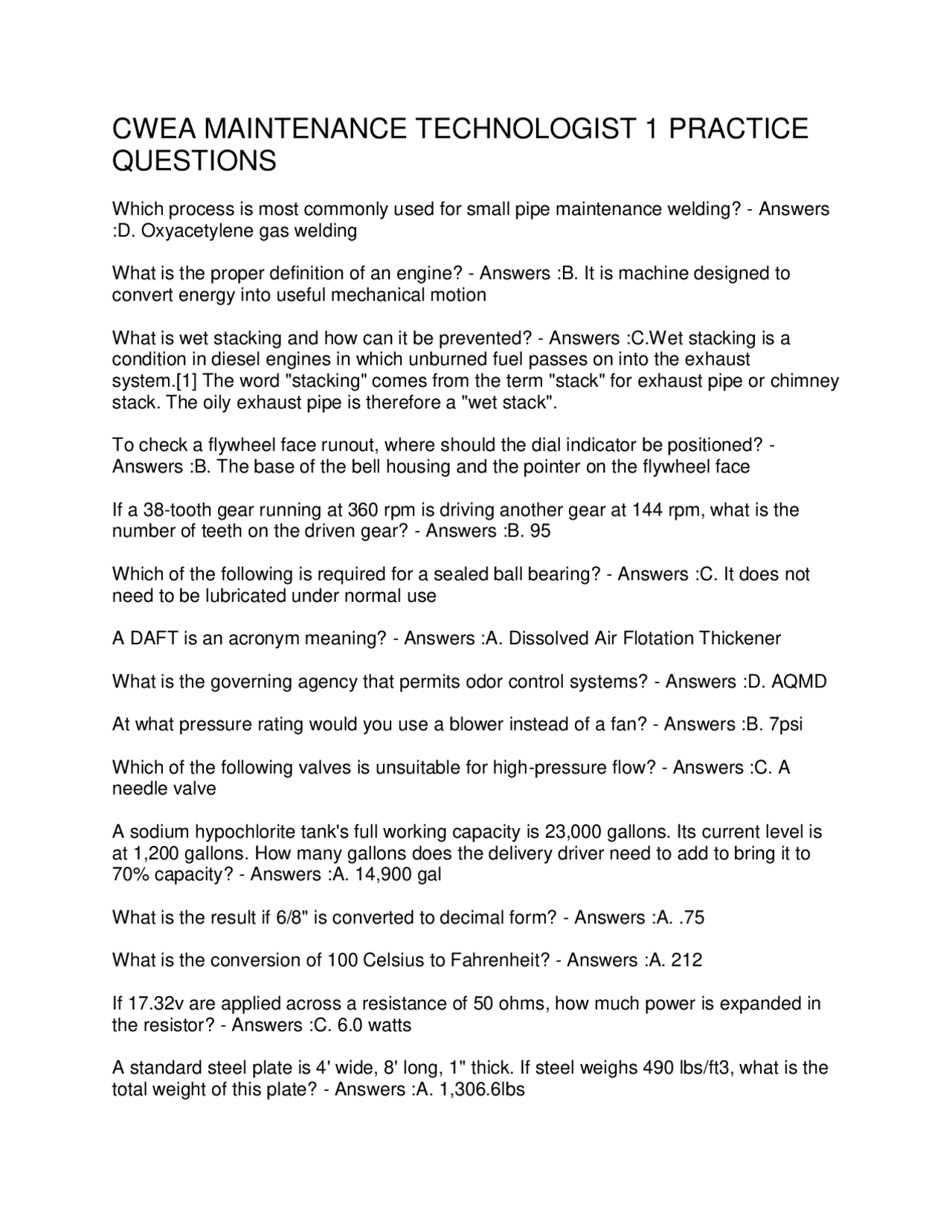 CWEA MAINTENANCE TECHNOLOGIST 1 PRACTICE QUESTIONS & ANSWERS | Exams ...
