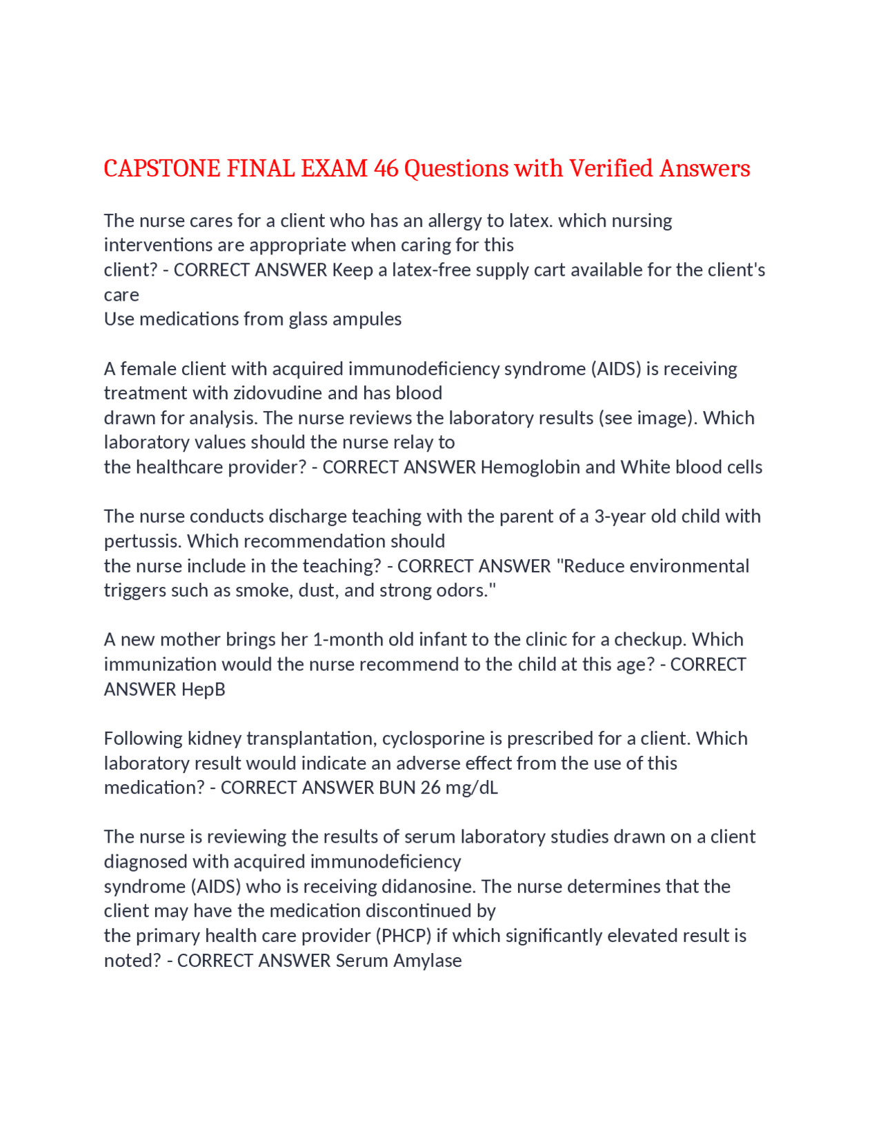 CAPSTONE FINAL EXAM 46 Questions with Verified Answers,100% CORRECT | Exams Nursing | Docsity