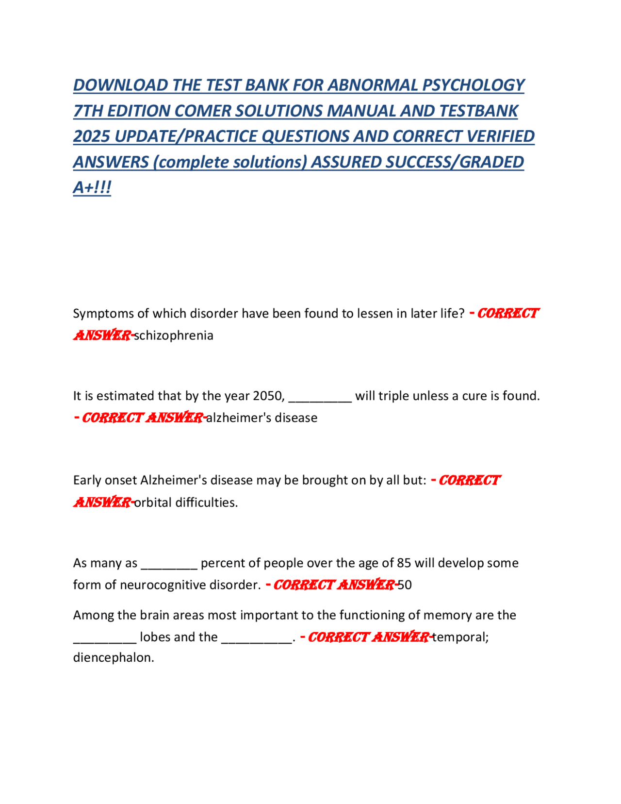 DOWNLOAD THE TEST BANK FOR ABNORMAL PSYCHOLOGY 7TH EDITION COMER ...
