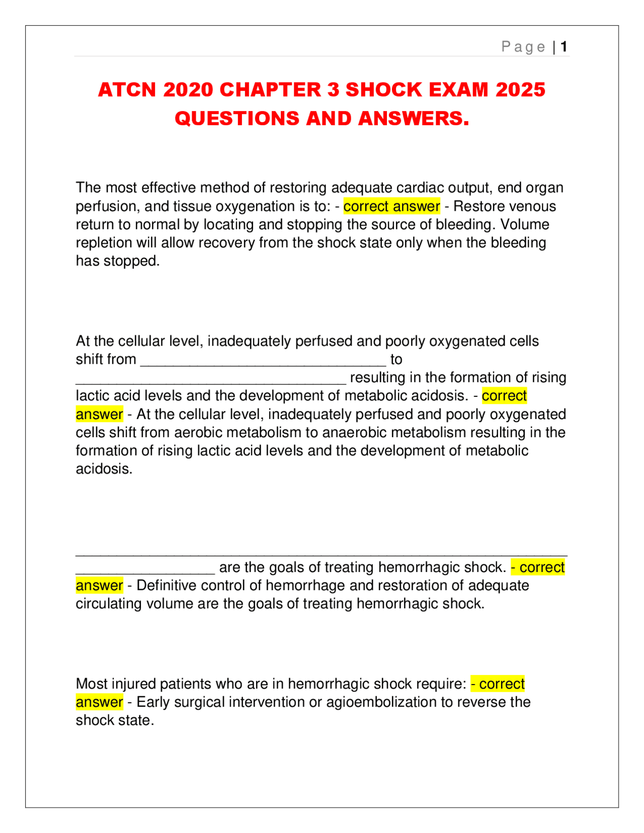 ATCN 2020 CHAPTER 3 SHOCK EXAM 2025 QUESTIONS AND ANSWERS. | Exams ...