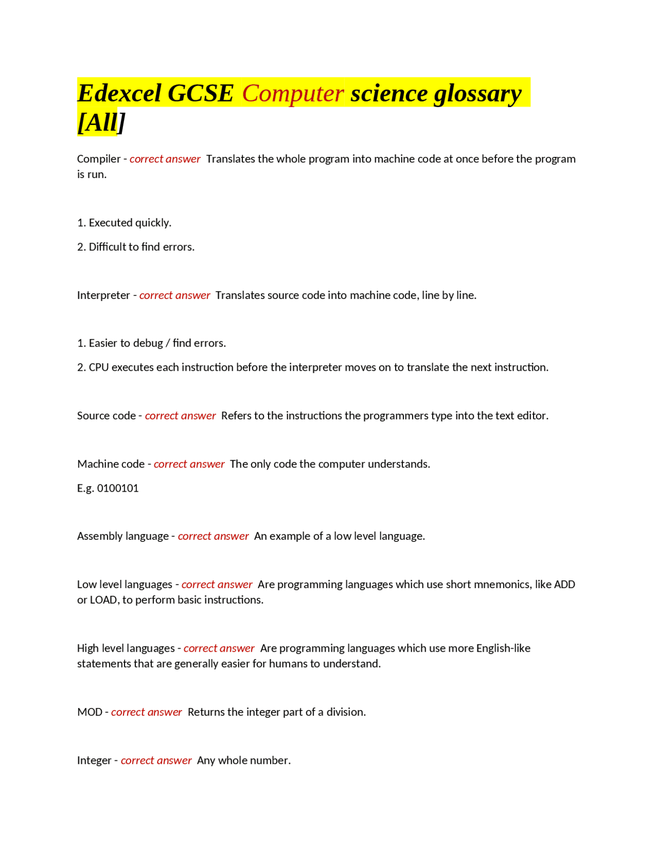 Edexcel GCSE Computer science glossary [All] | Exams Computer Science | Docsity