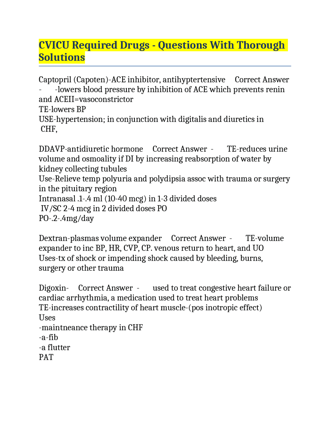CVICU Required Drugs - Questions With Thorough Solutions | Exams ...