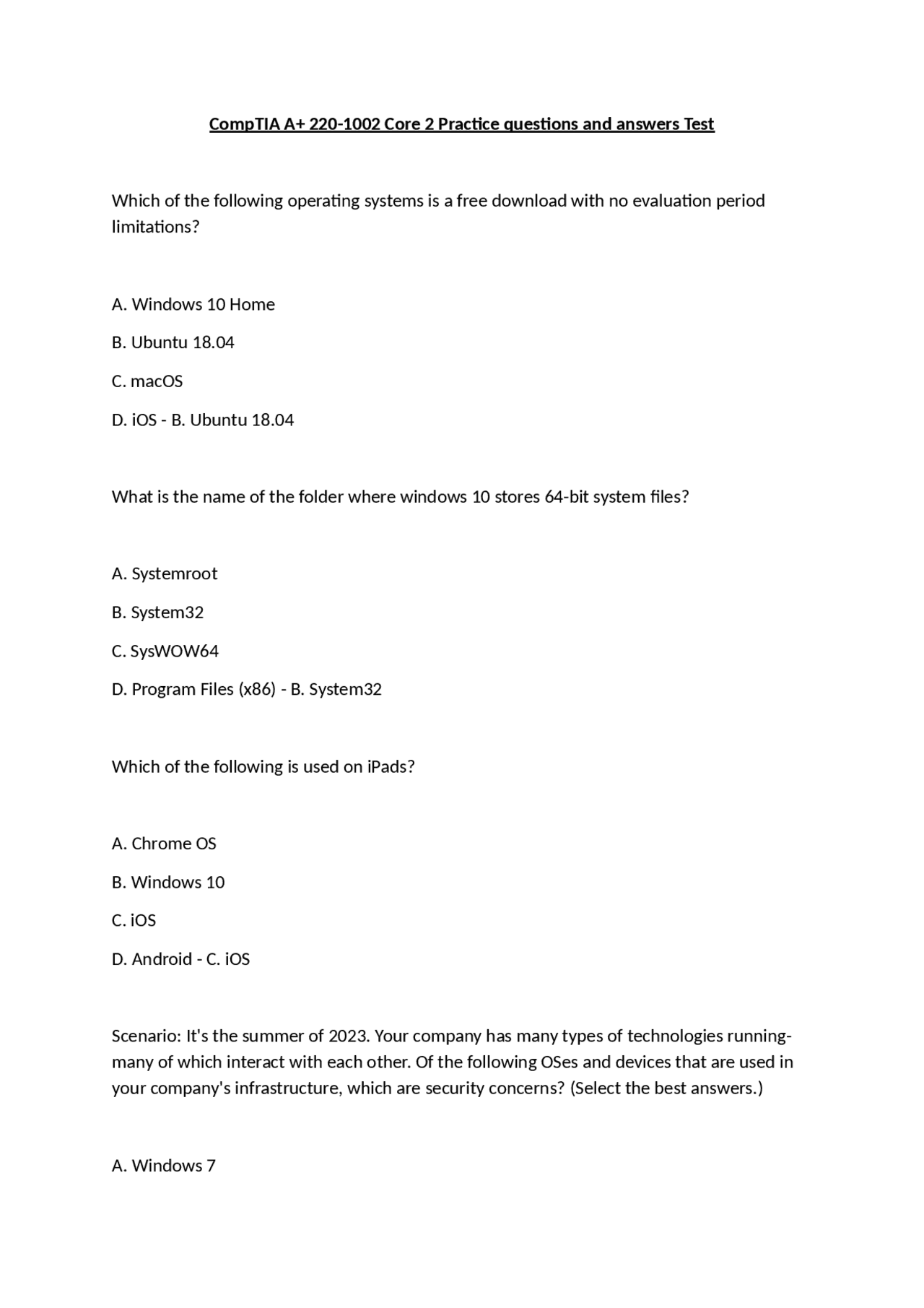 CompTIA A+ 220-1002 Core 2 Practice questions and answers Test | Exams ...