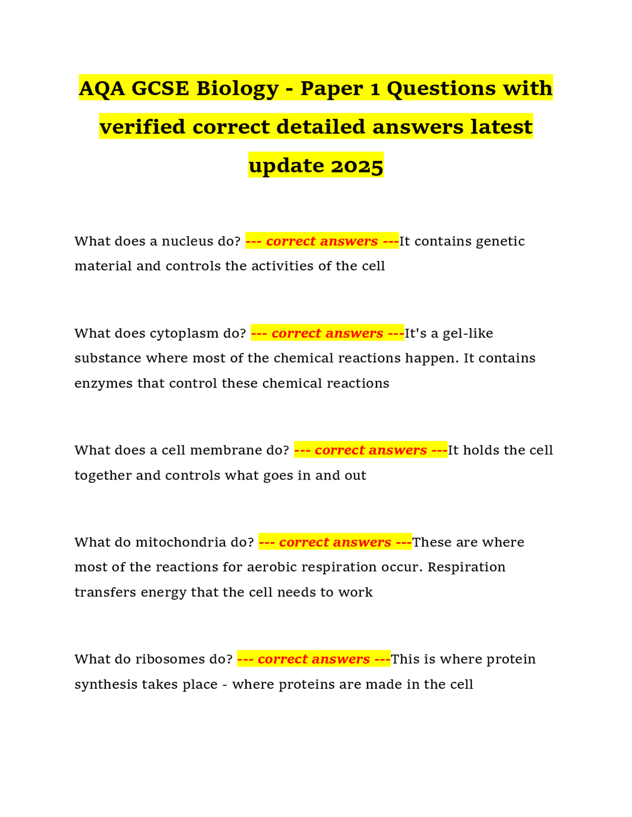 AQA GCSE Biology - Paper 1 Questions with verified correct detailed ...