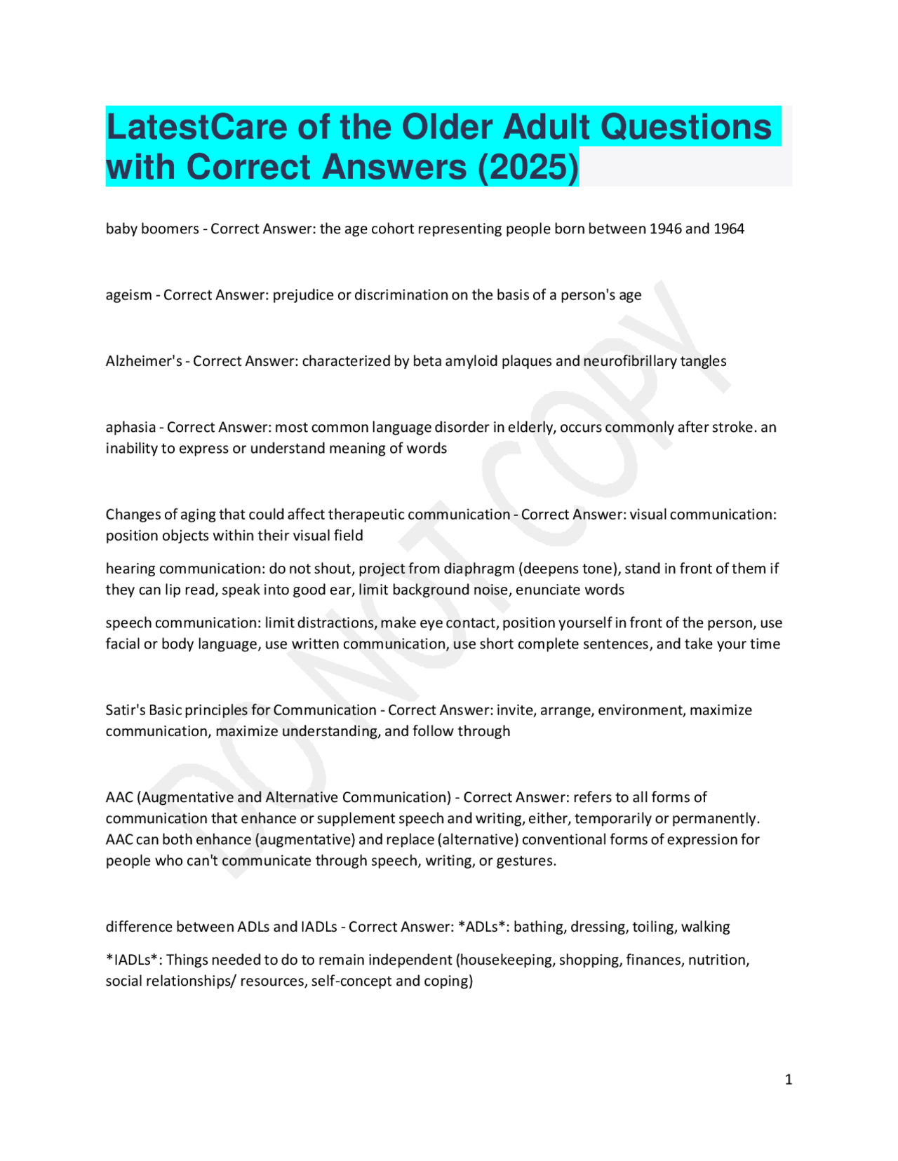 LatestCare of the Older Adult Questions with Correct Answers (2025 ...