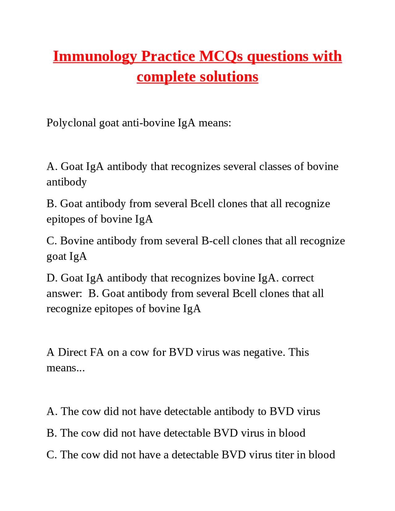 Immunology Practice MCQs: Diagnostic Tests and Antibody Responses ...