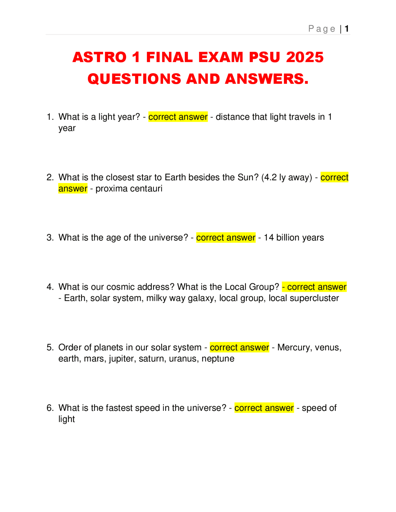 ASTRO 1 FINAL EXAM PSU 2025 QUESTIONS AND ANSWERS. | Exams Astronomy ...