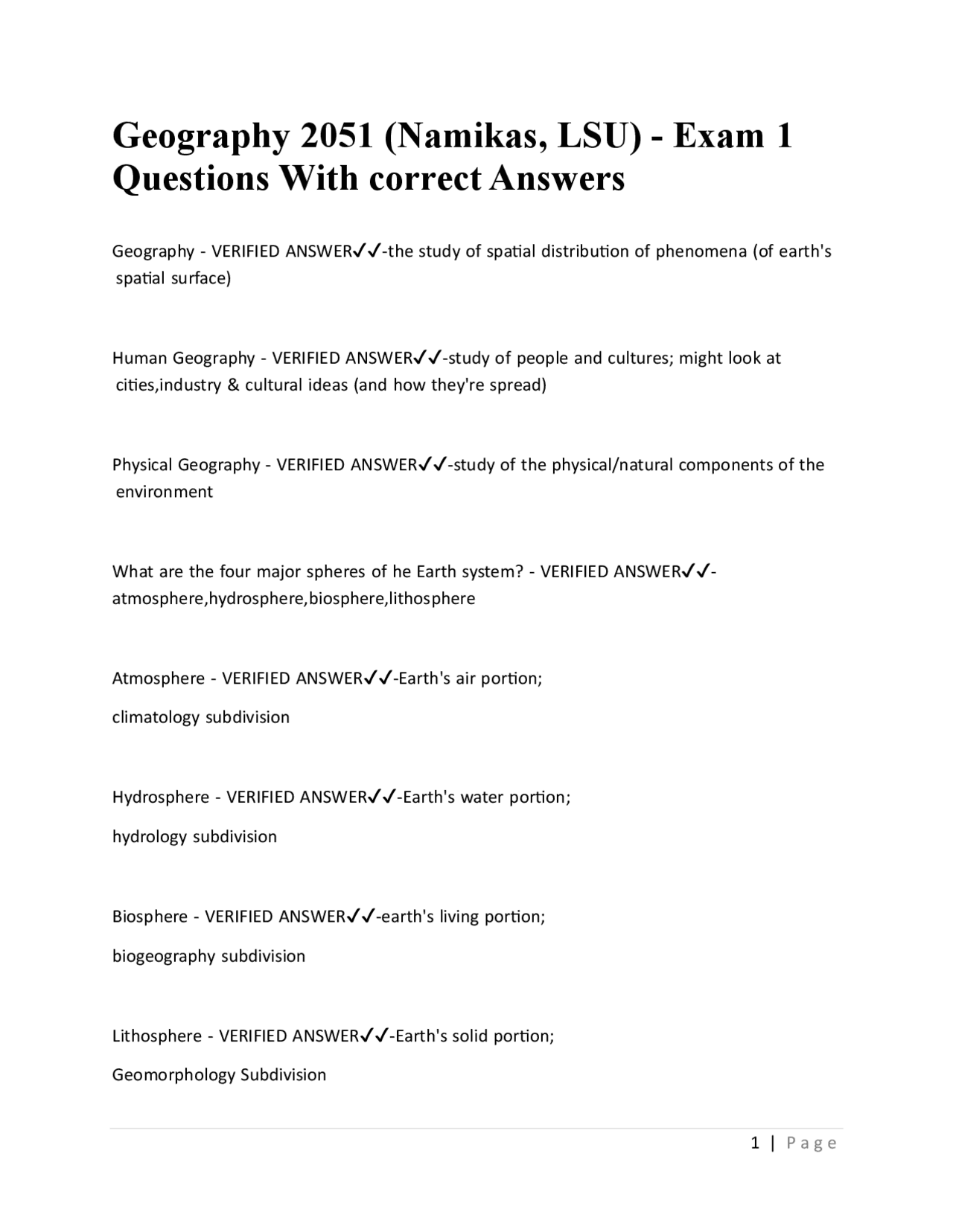 Geography 2051 (Namikas, LSU) - Exam 1 Questions With correct Answers ...