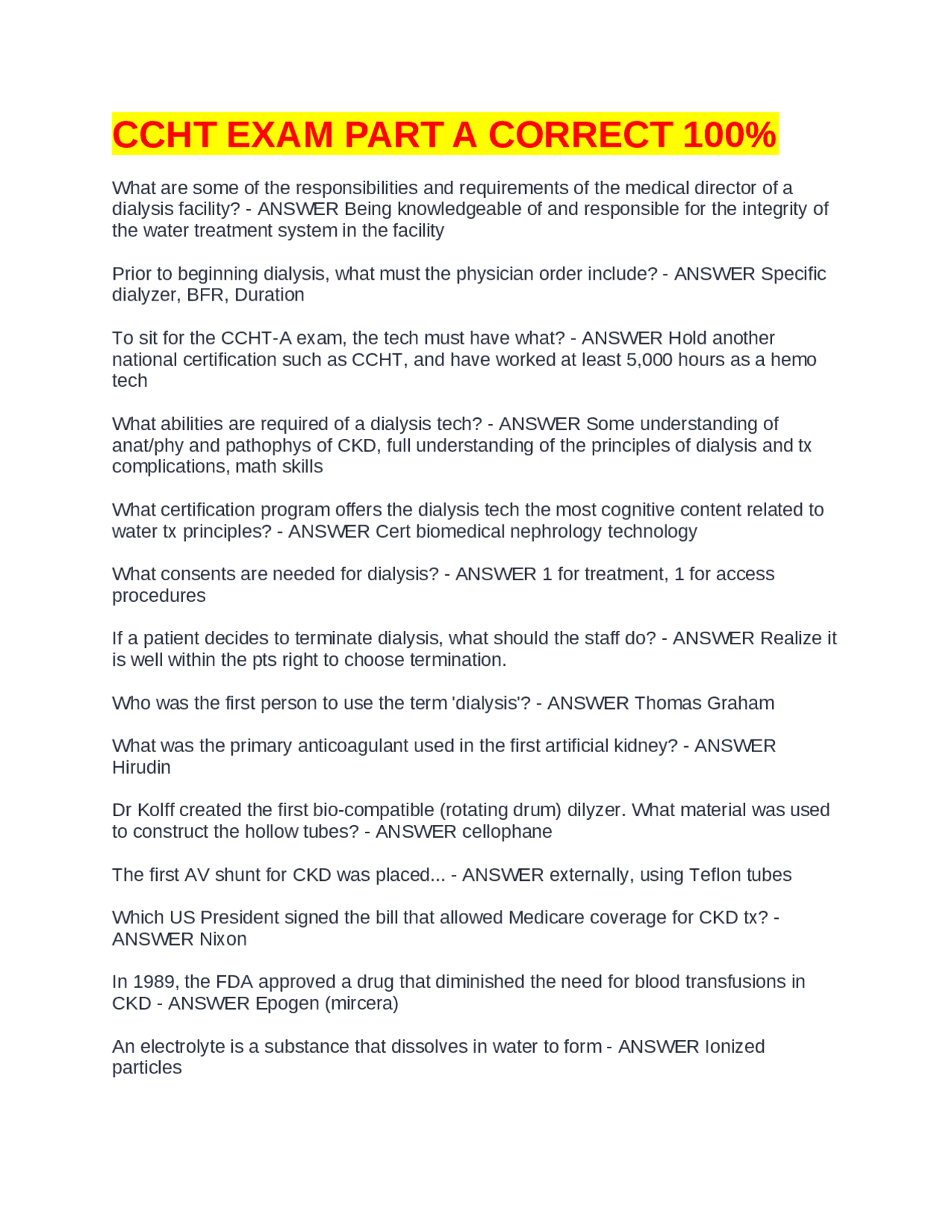 CCHT EXAM PART A CORRECT 100% | Exams Nursing | Docsity