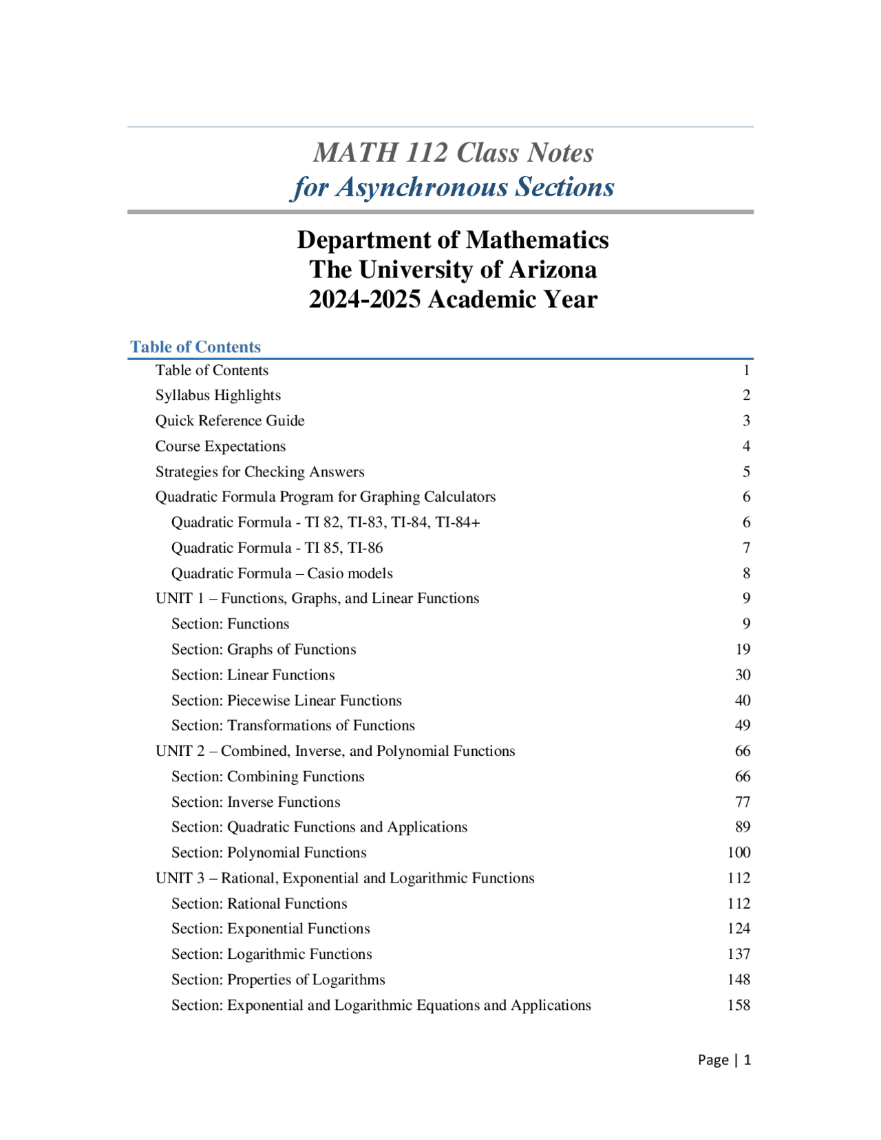 MATH 112 Class Notes for Asynchronous Sections Department of ...