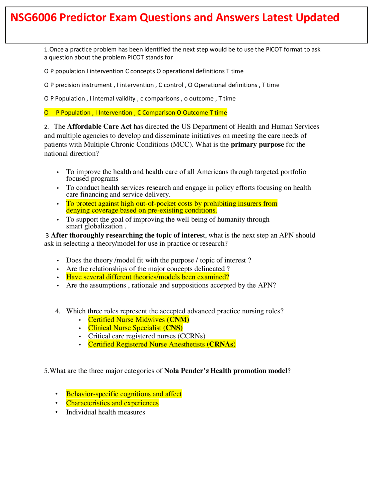 NSG6006 Predictor Exam Questions and Answers Latest Updated | Exams ...
