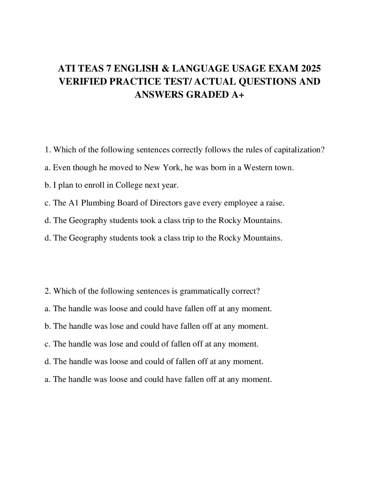 ATI TEAS 7 ENGLISH & LANGUAGE USAGE EXAM 2025 VERIFIED PRACTICE TEST ...