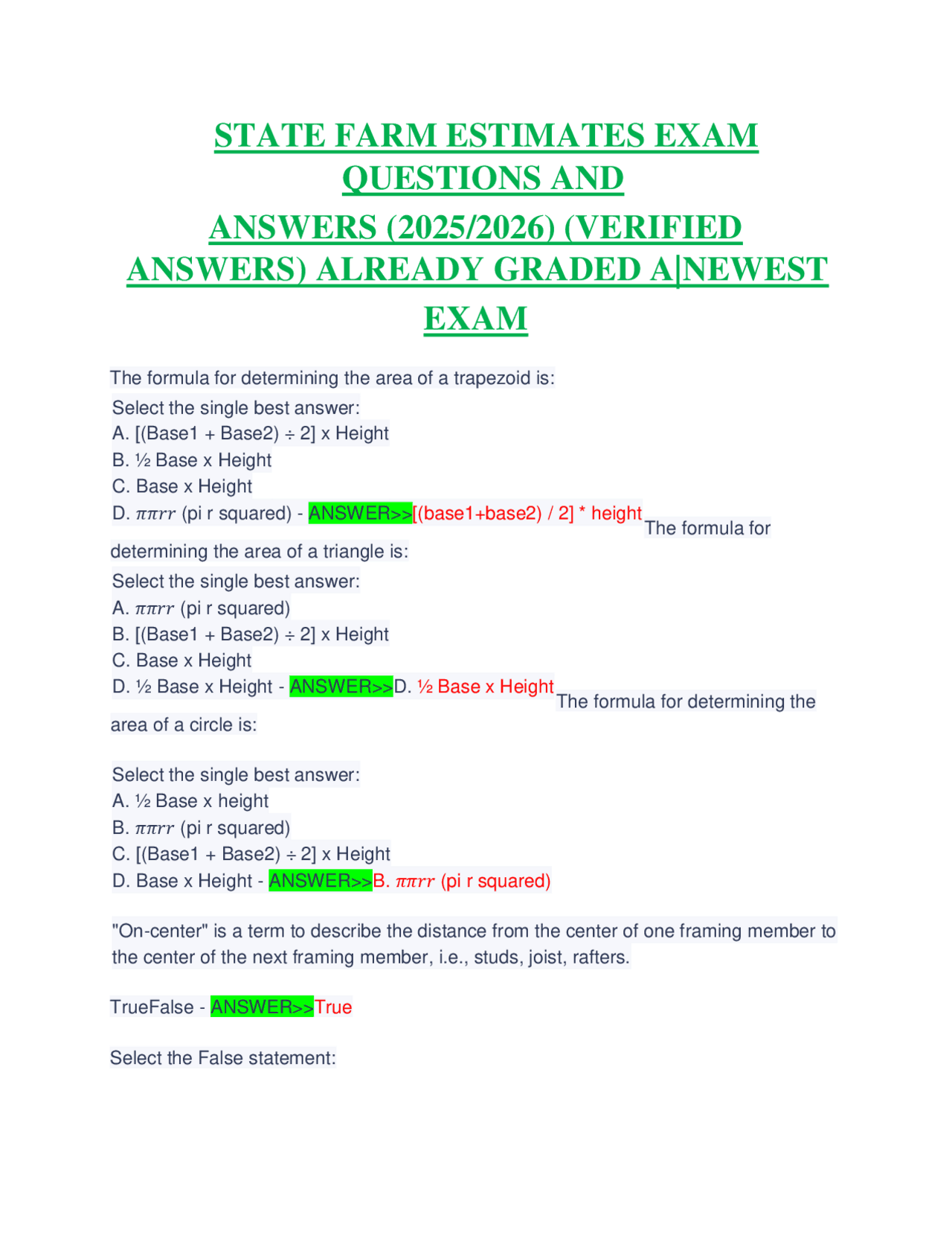 STATE FARM ESTIMATES EXAM QUESTIONS AND ANSWERS (2025/2026) (VERIFIED ...