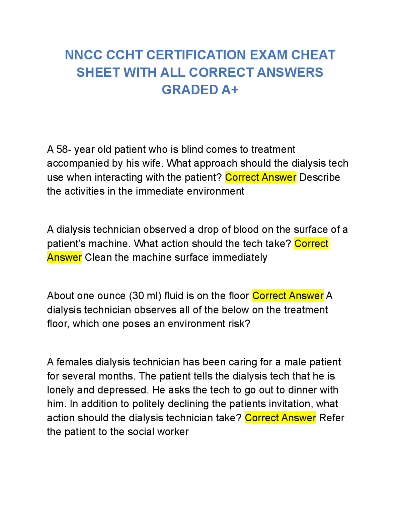 NNCC CCHT CERTIFICATION EXAM CHEAT SHEET WITH ALL CORRECT ANSWERS ...