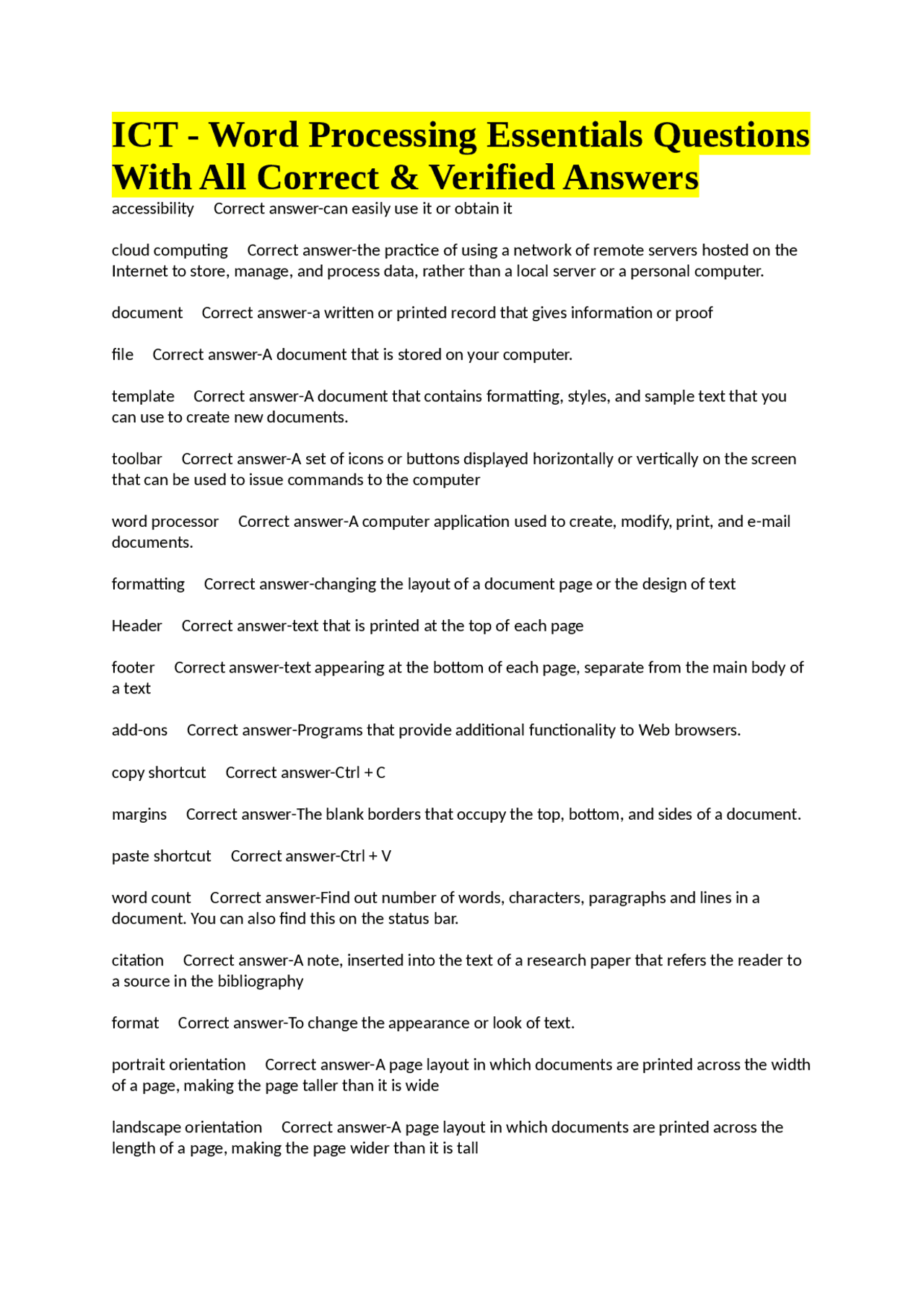 ICT - Word Processing Essentials Questions With All Correct & Verified ...