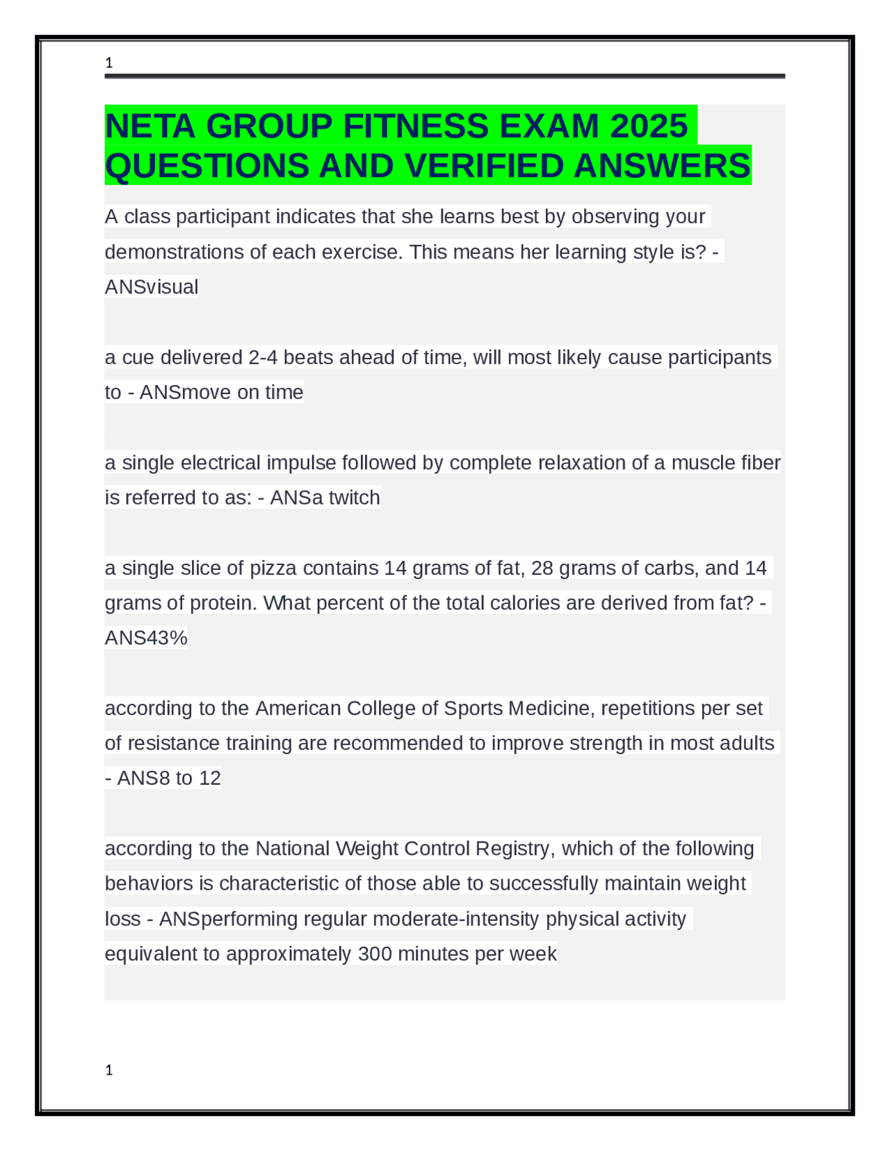NETA GROUP FITNESS EXAM 2025 QUESTIONS AND VERIFIED ANSWERS | Exams ...