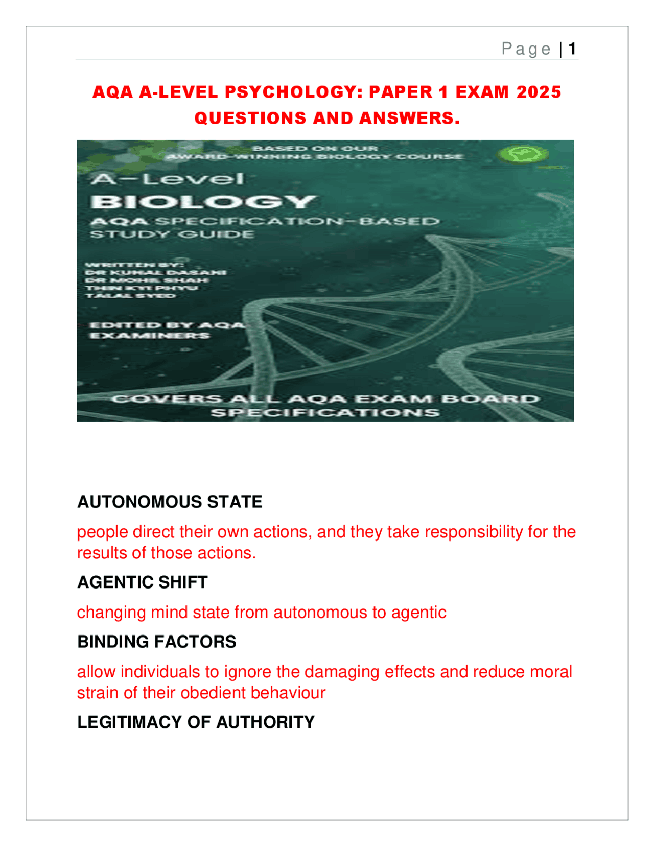 AQA A-LEVEL PSYCHOLOGY: PAPER 1 EXAM 2025 QUESTIONS AND ANSWERS ...