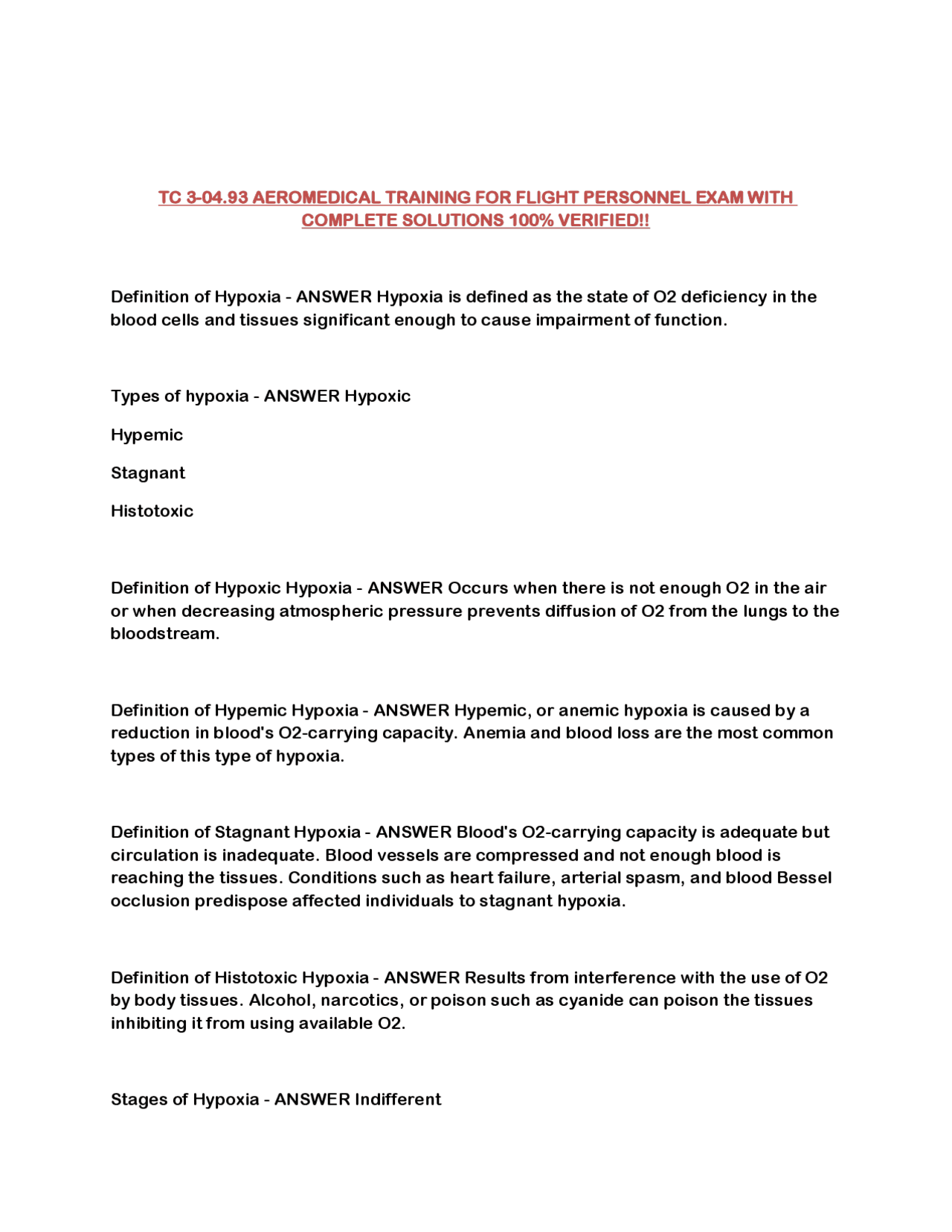 TC 3-04.93 AEROMEDICAL TRAINING FOR FLIGHT PERSONNEL EXAM WITH COMPLETE ...
