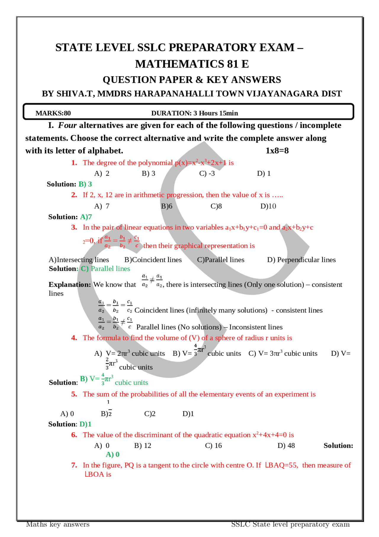 STATE LEVEL SSLC PREPARATORY EXAM – MATHEMATICS 81 E QUESTION PAPER ...