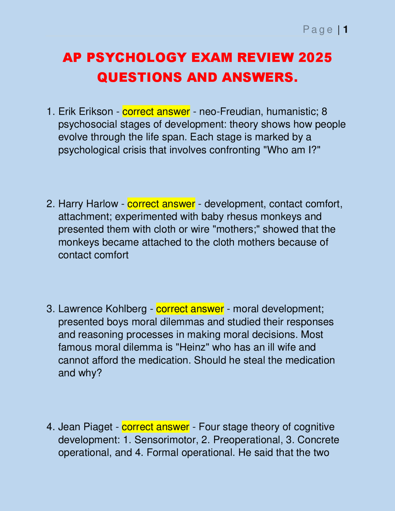 AP PSYCHOLOGY EXAM REVIEW 2025 QUESTIONS AND ANSWERS. | Exams ...