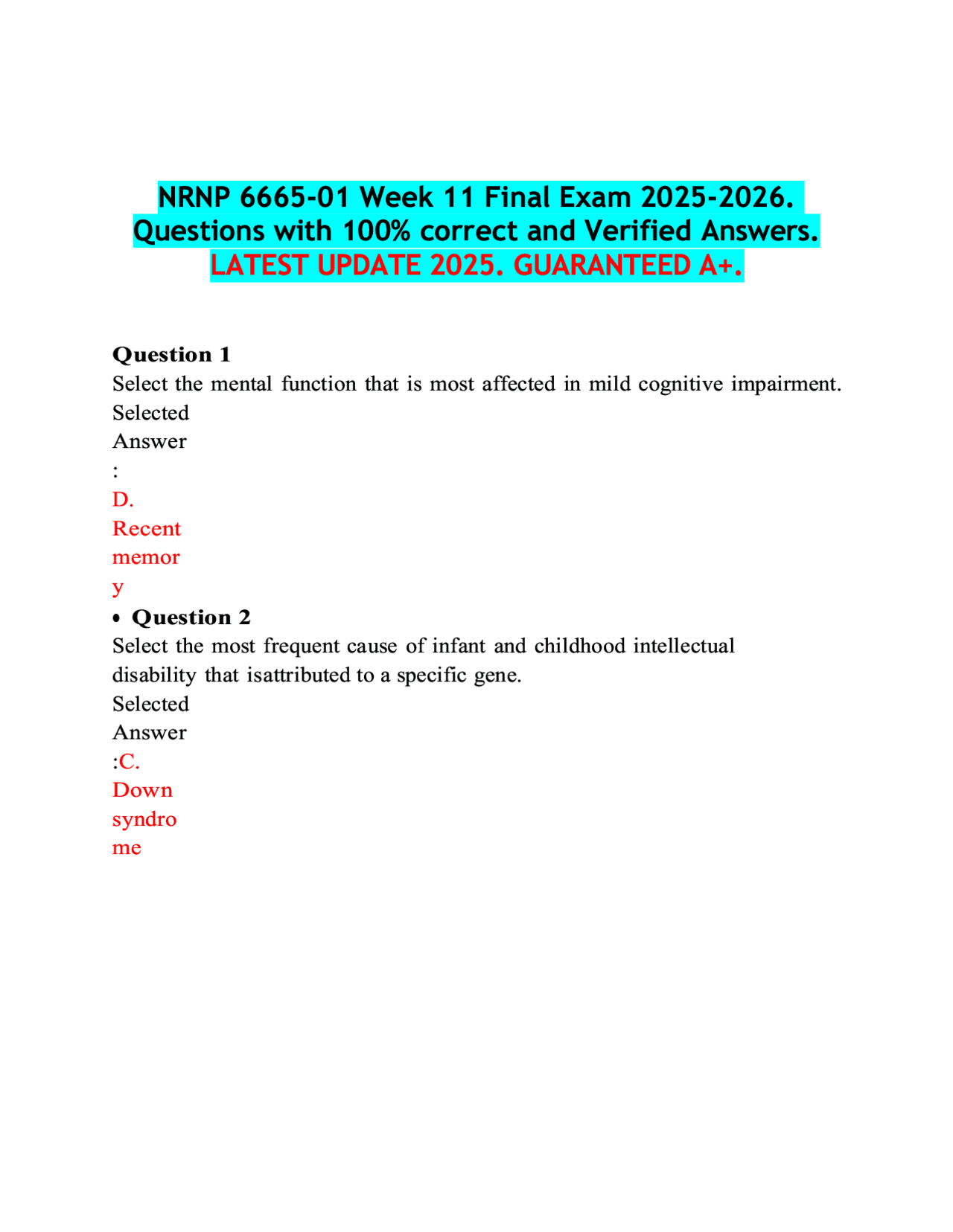 NRNP 6665-01 Week 11 Final Exam 2025-2026. Questions with 100% correct and VerifiedAnswer ...